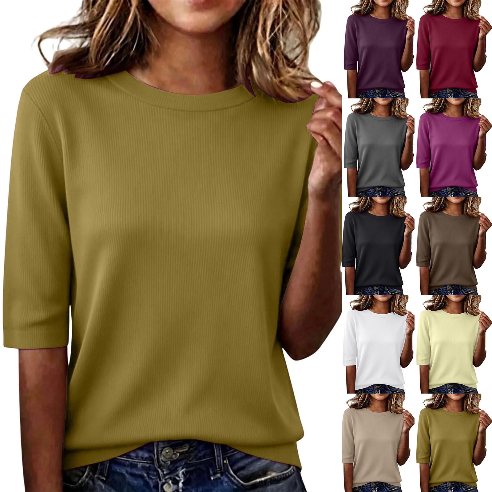 AHTJRT Tshirt for Women Elbow Length Sleeve Crew Neck Loose Blouse Tops ...