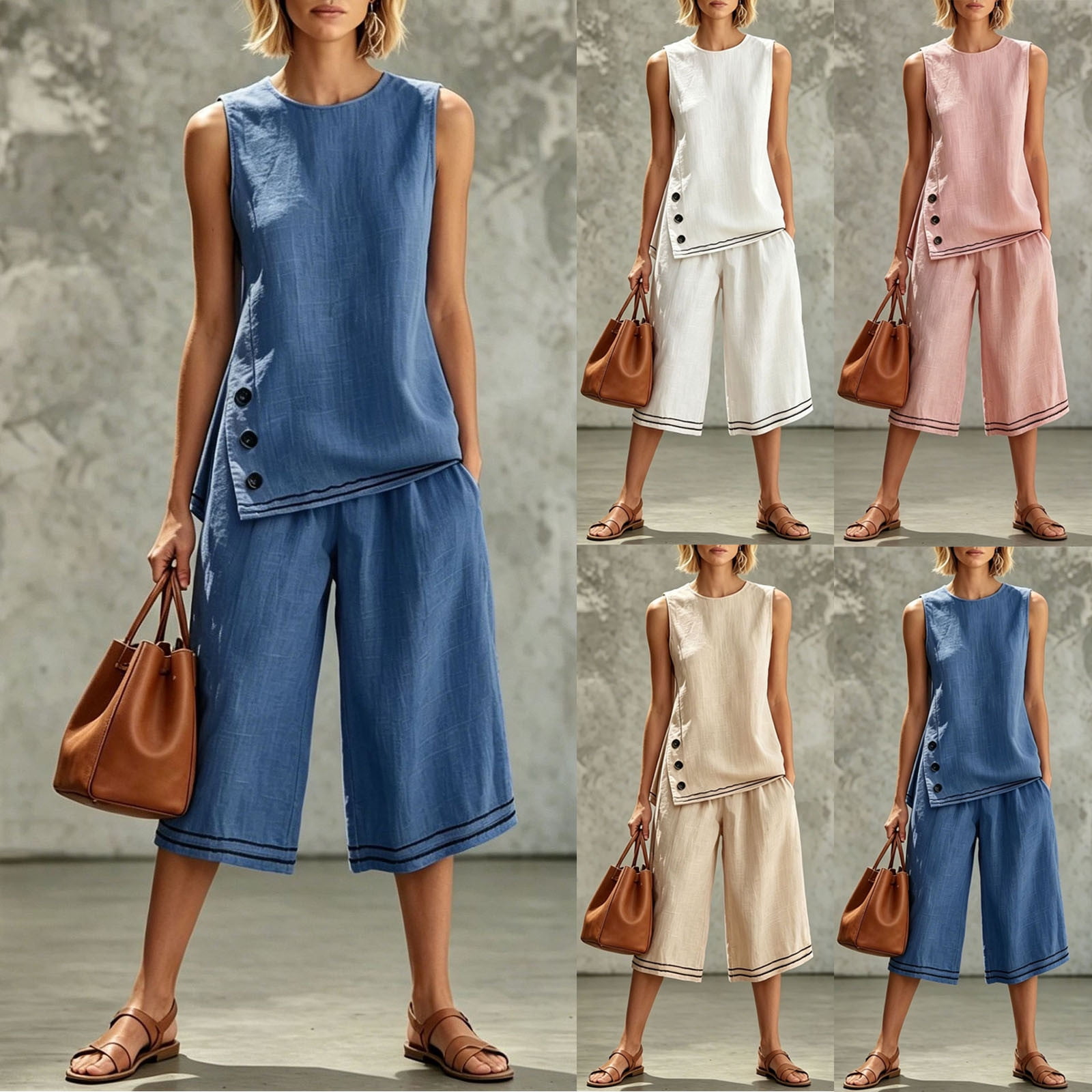 AHTJRT Two Piece Outfits for Women Crew Neck Sleeveless Top with ...