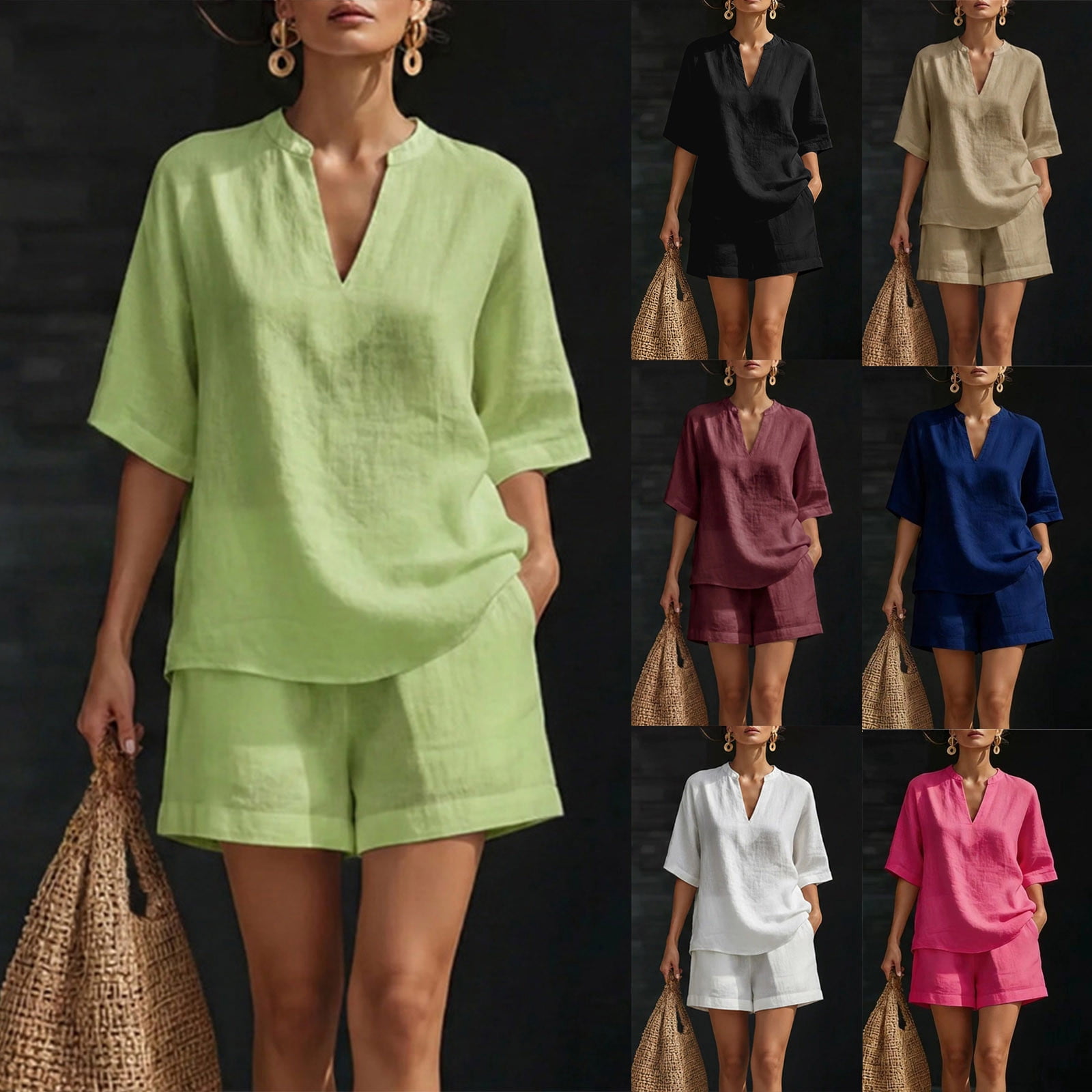 AHTJRT Two Piece Sets for Women V Neck Short Sleeve Top and Shorts ...