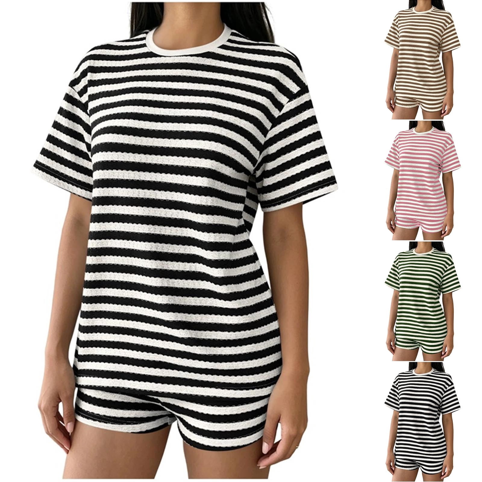 AHTJRT Waffle Knit Short Sets for Women Striped Color Block Two Pieces ...