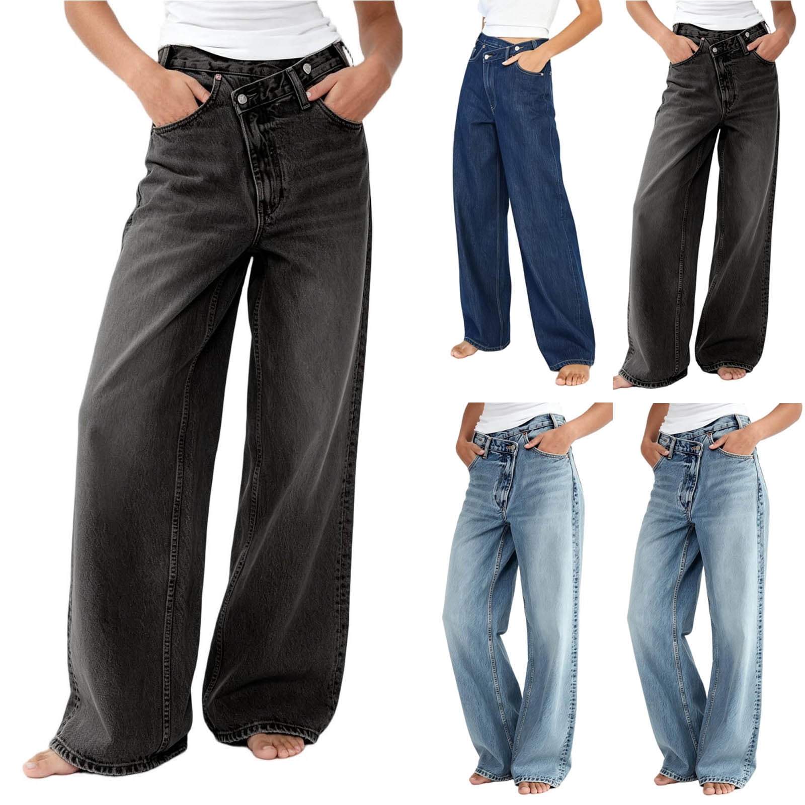 AHTJRT Wide Leg Jeans for Women Button Front Water Washed Fashion ...