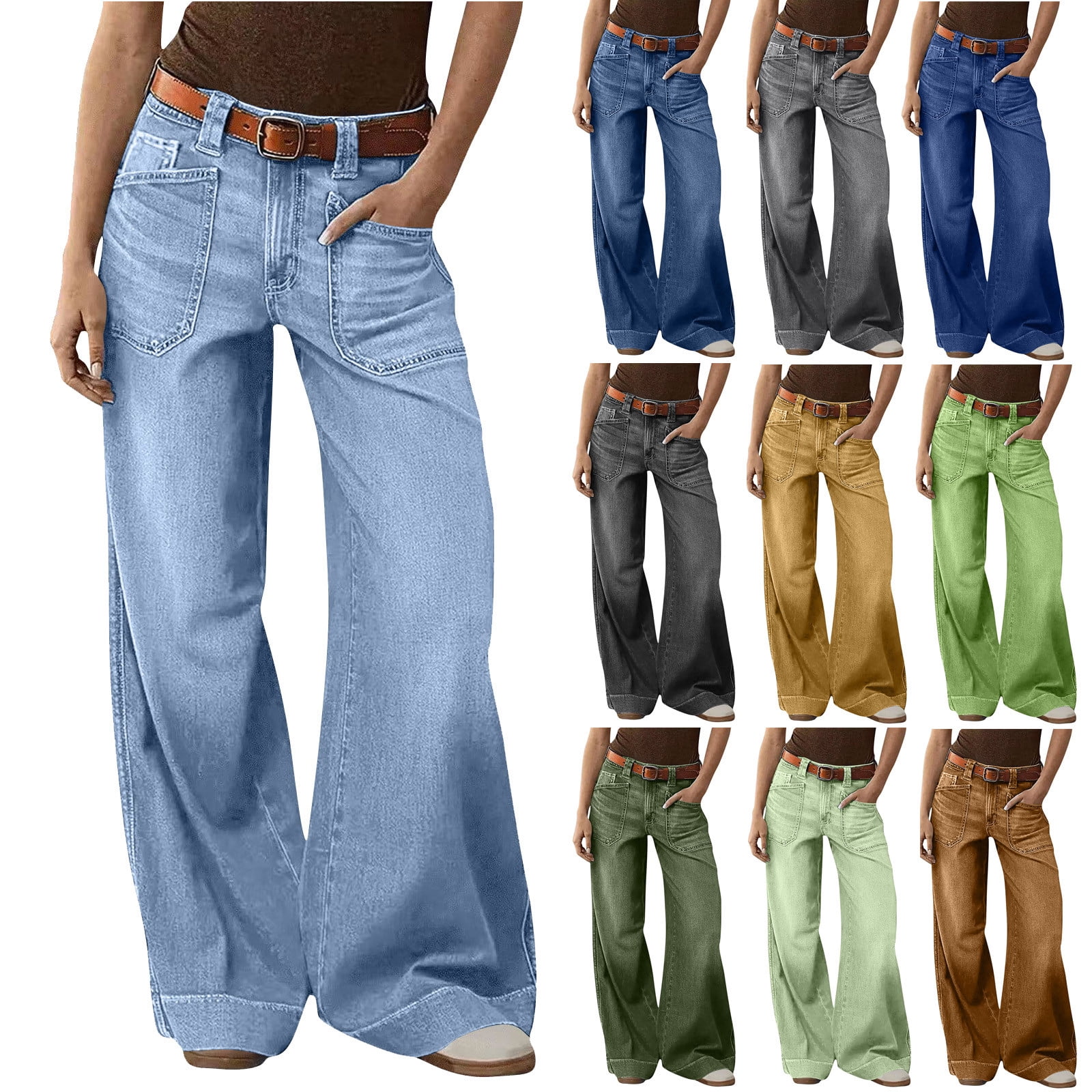AHTJRT Wide Leg Jeans for Women High Waist Baggy Adjustable Band Full ...