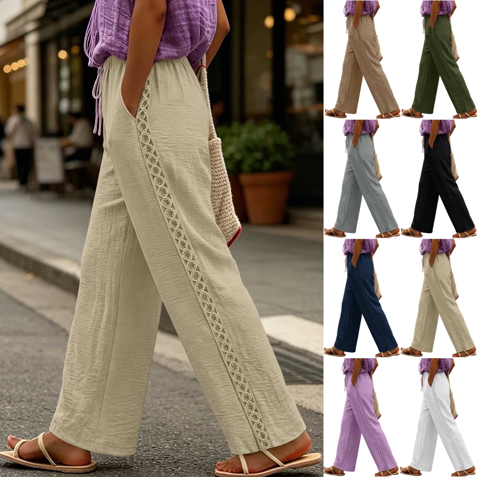 AHTJRT Wide Leg Palazzo Pants for Women Flowy Elastic Drawstring Waist ...