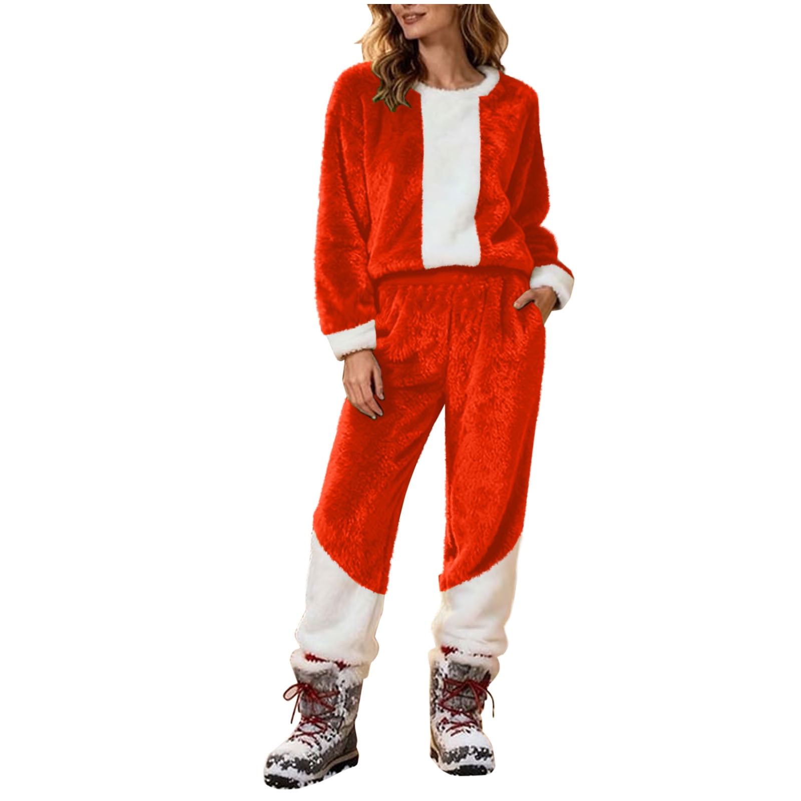 AHTJRT Winter Fluffy Pajamas Set for Women Colorblcok 2 Pieces Snow ...