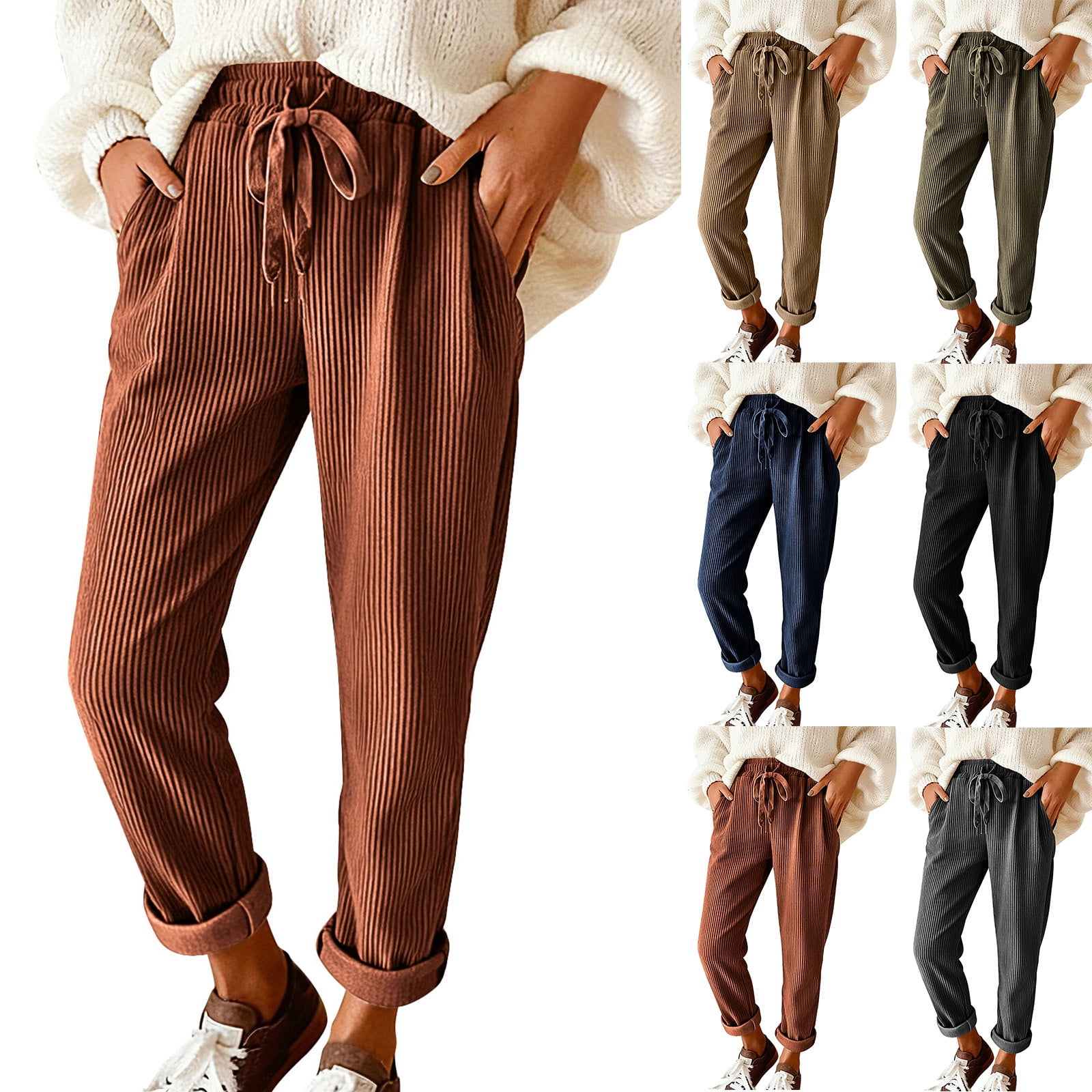 AHTJRT Woemen's Corduroy Pants Mid-Rise Elastic Waist Drawstrings Slack ...