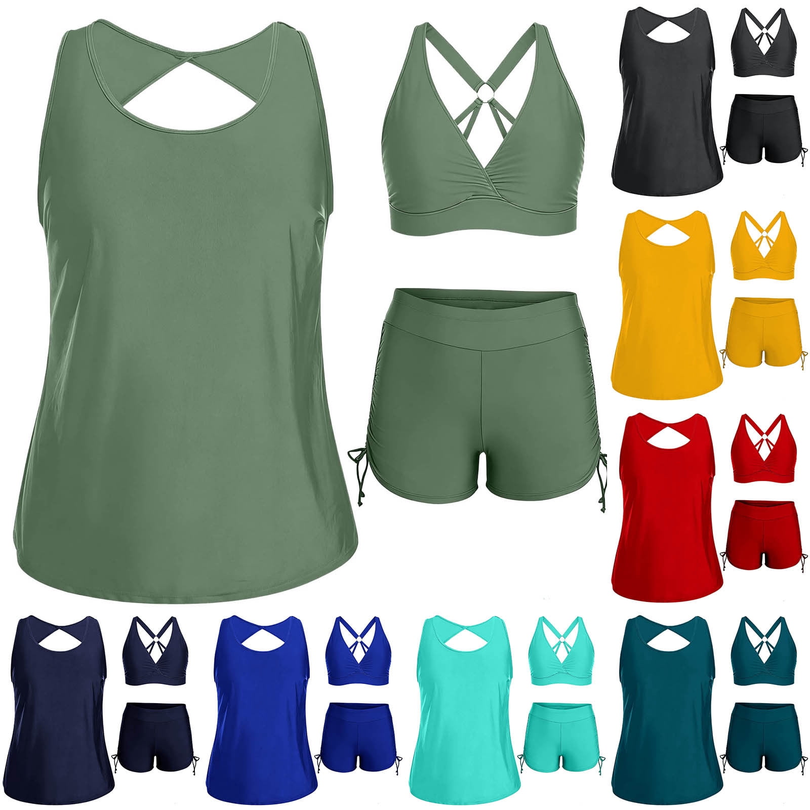 AHTJRT Women's 3 Pieces Tankini Sets Cutout Backless Tank Tops Cross ...
