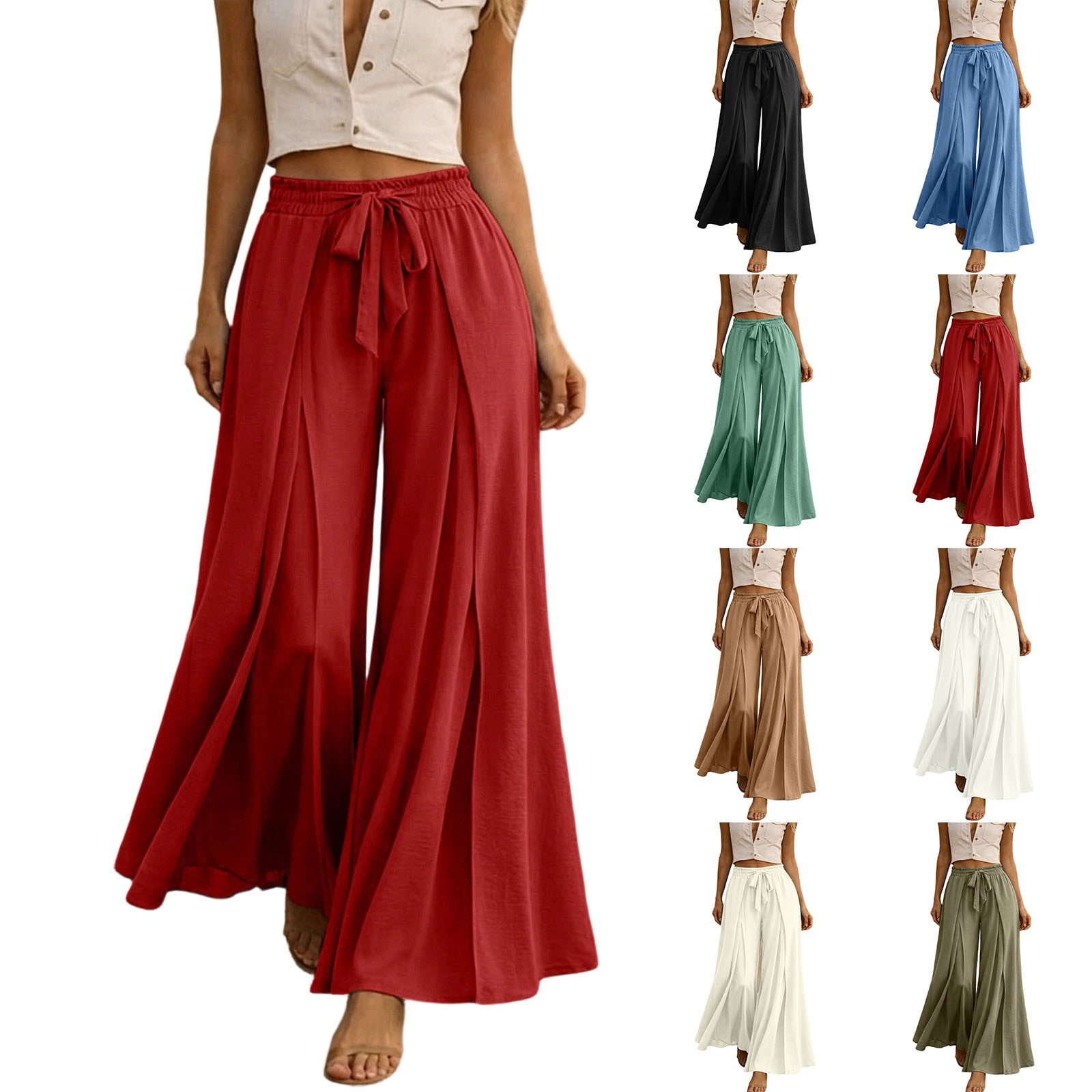 AHTJRT Women's Baggy Wide Leg Palazzo Pants Drawstrings Ruffle Elastic ...