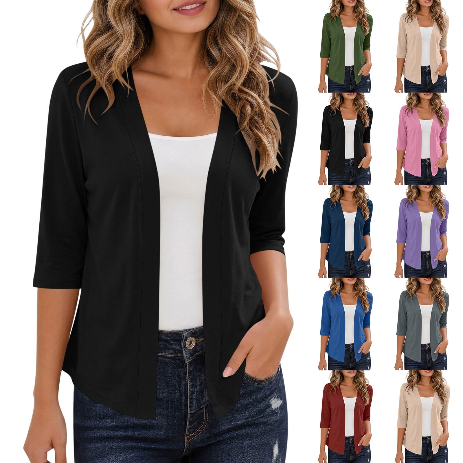 AHTJRT Women's Bolero Shrugs Opne Front 3/4 Sleeve Comfort Soft Summer ...