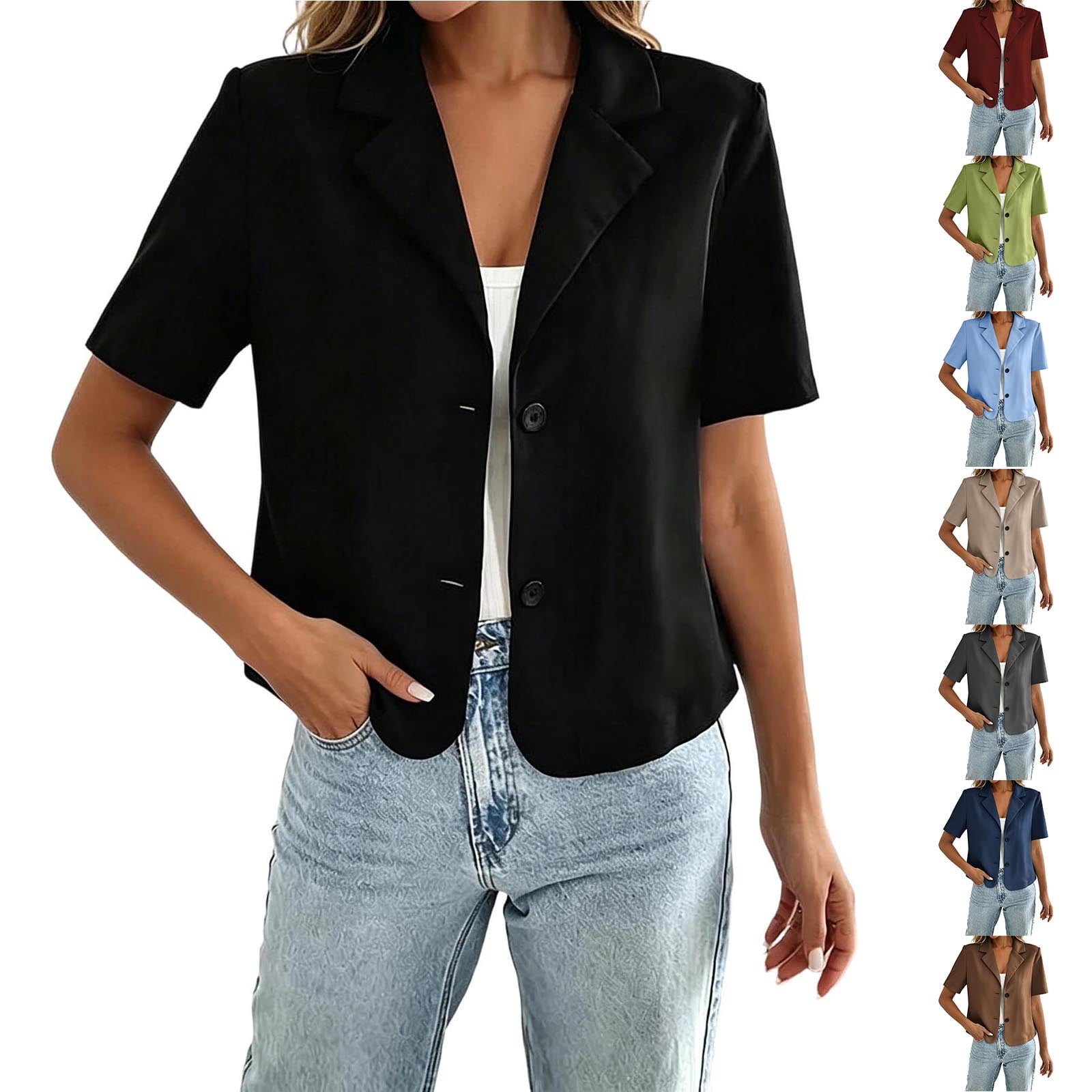 AHTJRT Women's Business Cropped Blazer Casual Summer Short Sleeve Lapel ...