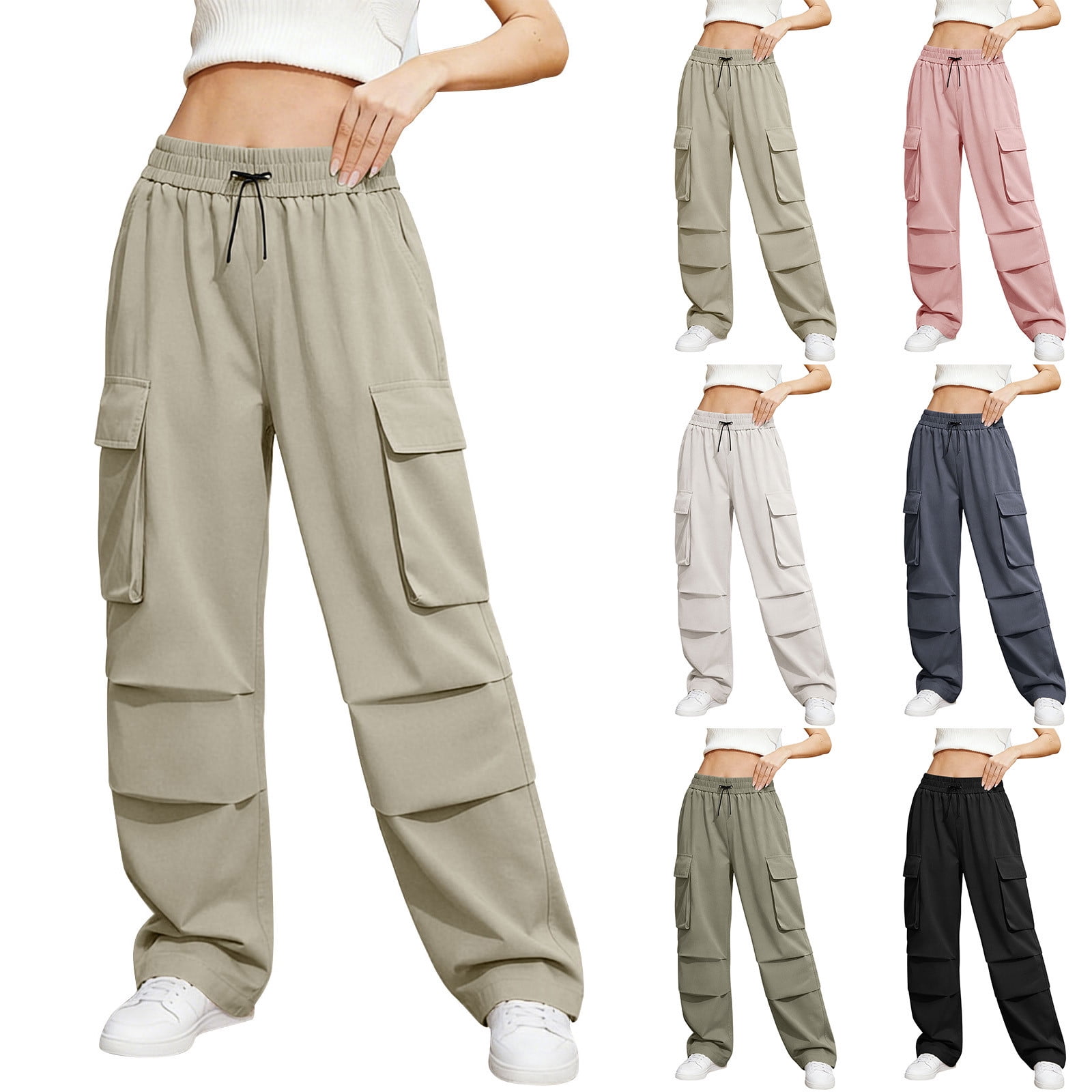 AHTJRT Women's Cargo Pants Elastic Drawstrings Summer Sweatpants with ...