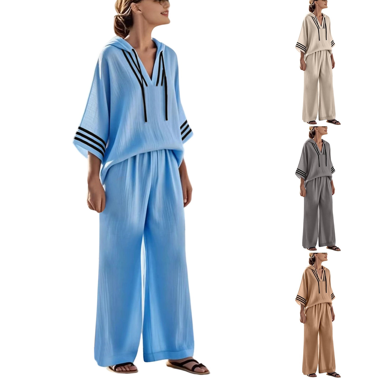 AHTJRT Women's Casual 2 Piece Set Drawstring V Neck 3/4 Sleeve Hoodies ...