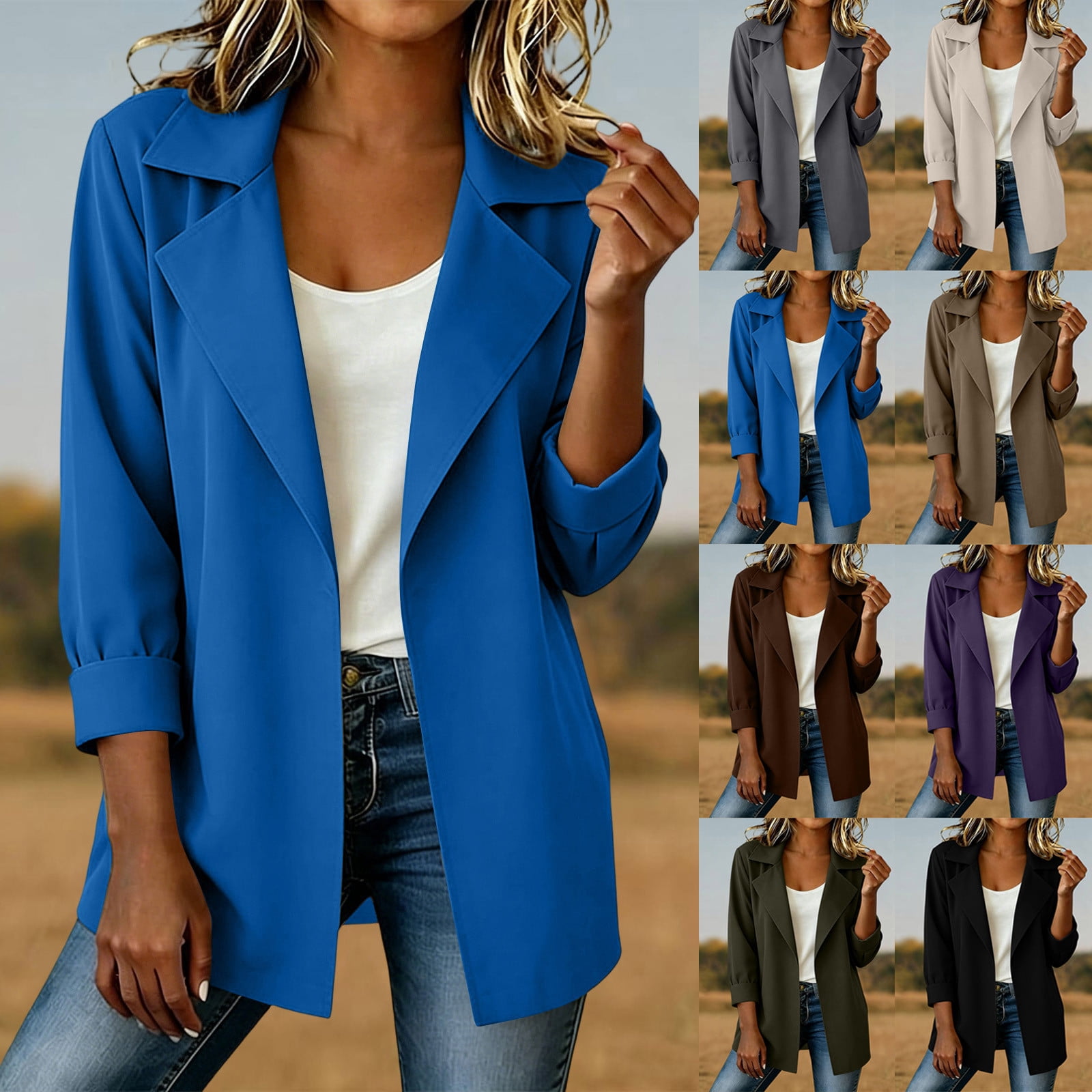 AHTJRT Women's Casual Blazers Open Front Notch Lapel 3/4 Sleeve ...