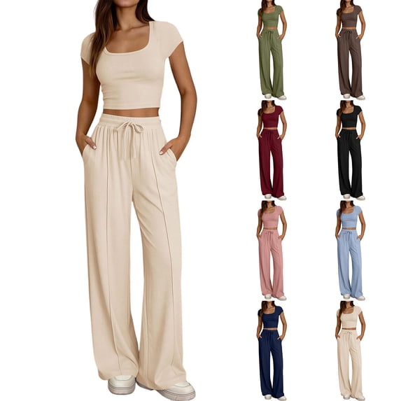 AHTJRT Women's Casual Lounge Sets Scoop Neck Short Sleeve Tees with ...