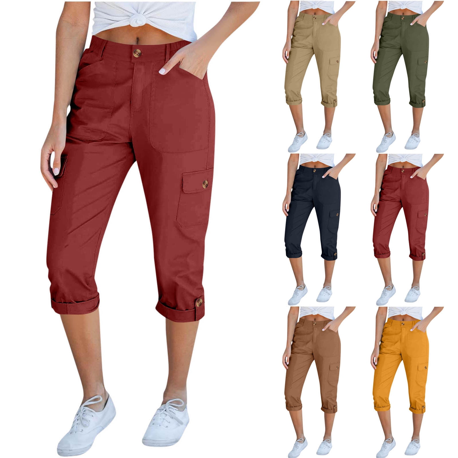 AHTJRT Women's Chino Pants High Waisted Front Button Cargo Capri Pants ...