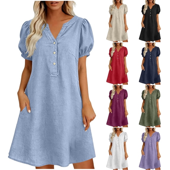 AHTJRT Women's Cotton Linen Dress Henley V Neck Bubble Puff Short ...