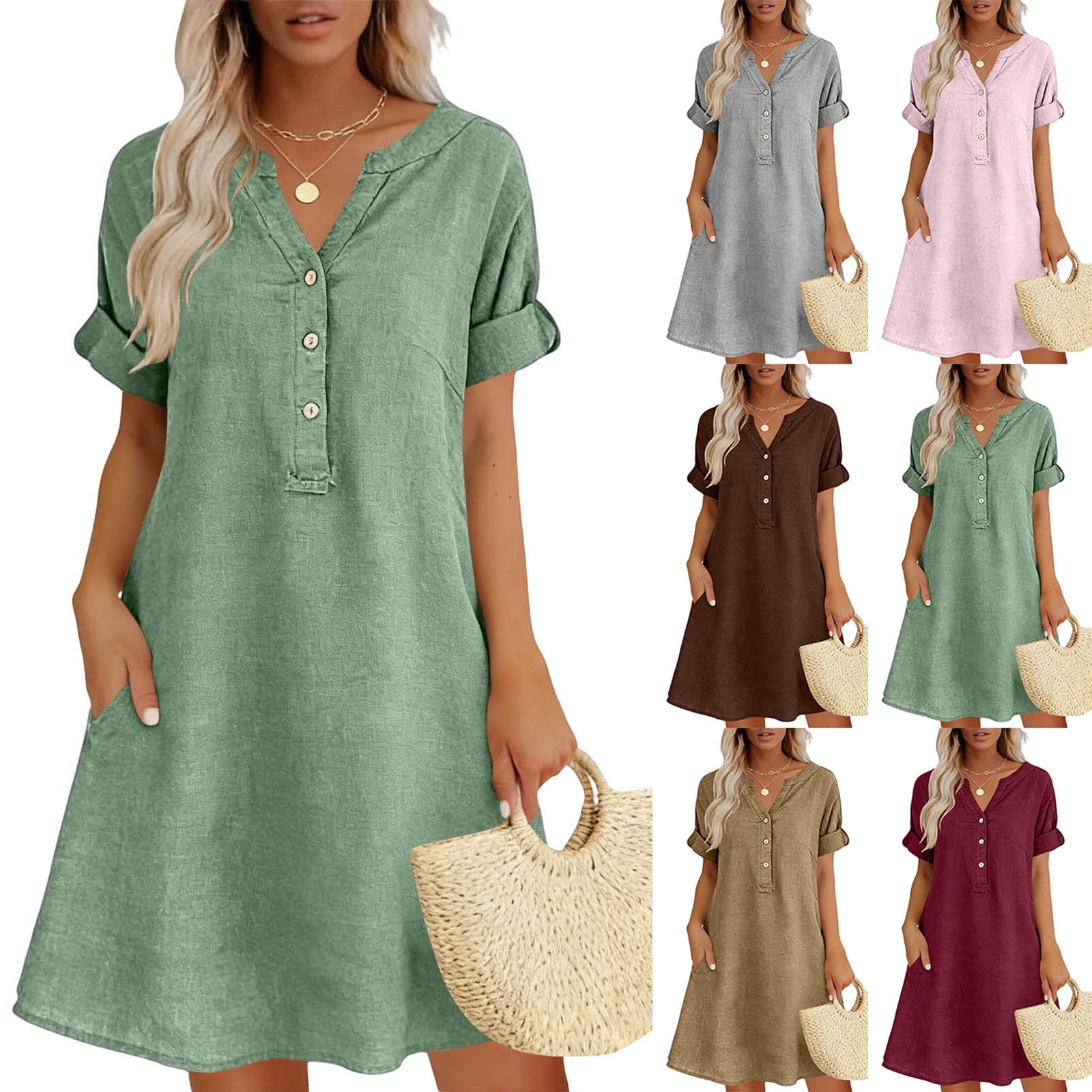 AHTJRT Women's Cotton Linen Dress Henley V Neck Bubble Puff Short ...