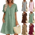 AHTJRT Women's Cotton Linen Dress Henley V Neck Bubble Puff Short ...