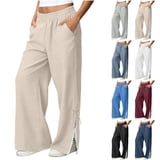 AHTJRT Women's Cotton Linen Palazzo Pants Wide Leg Side Split Lace Trim ...