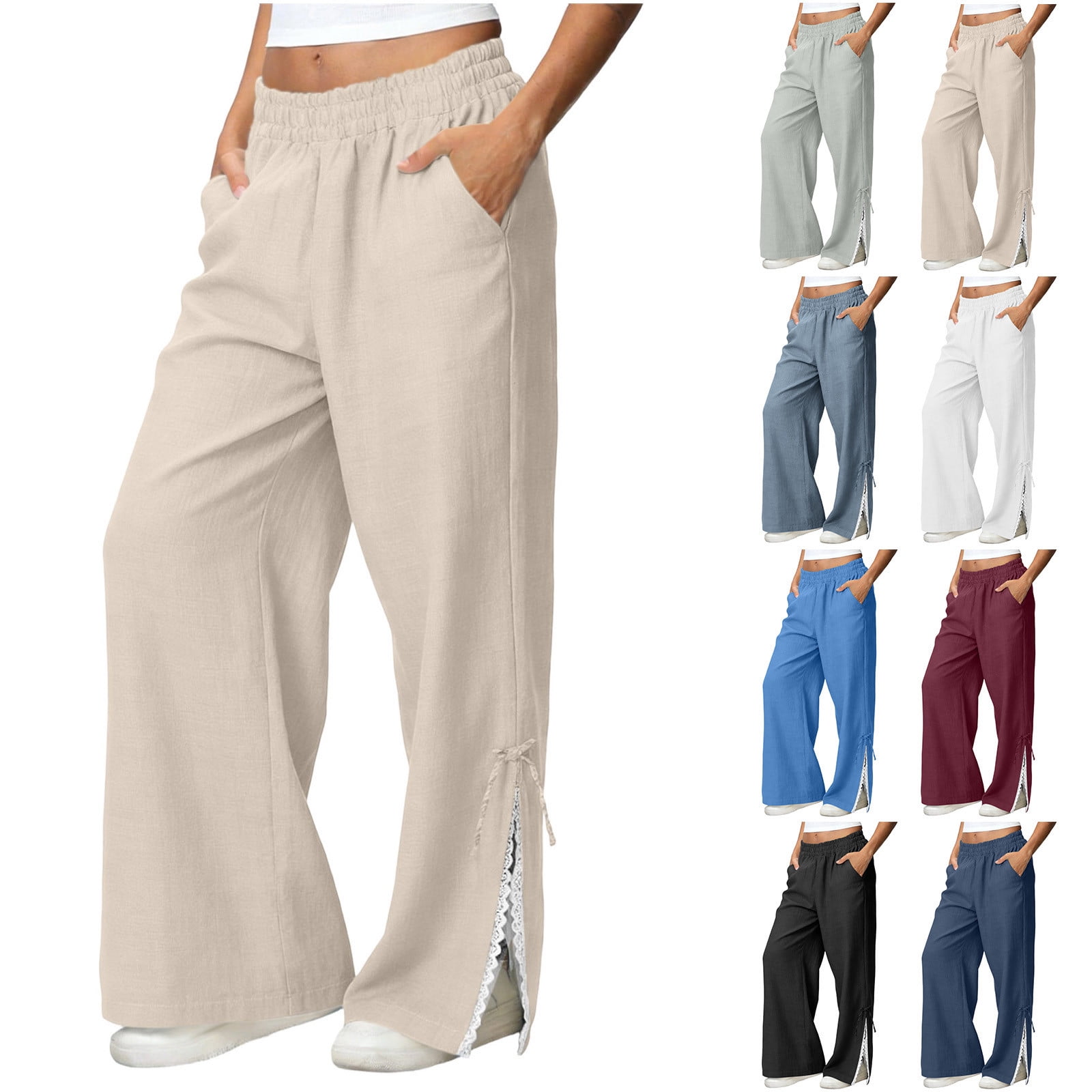 AHTJRT Women's Cotton Linen Palazzo Pants Wide Leg Side Split Lace Trim ...