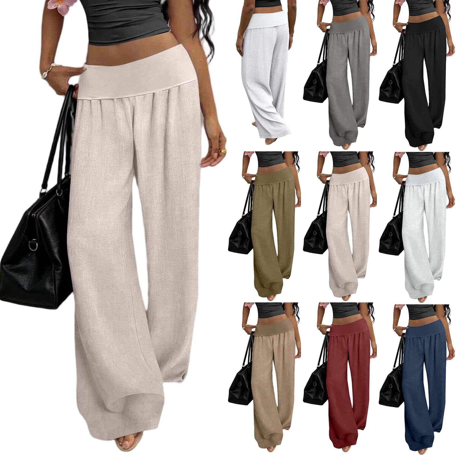AHTJRT Women's Cotton Linen Pants Solid Stretchy Elastic High Waisted ...