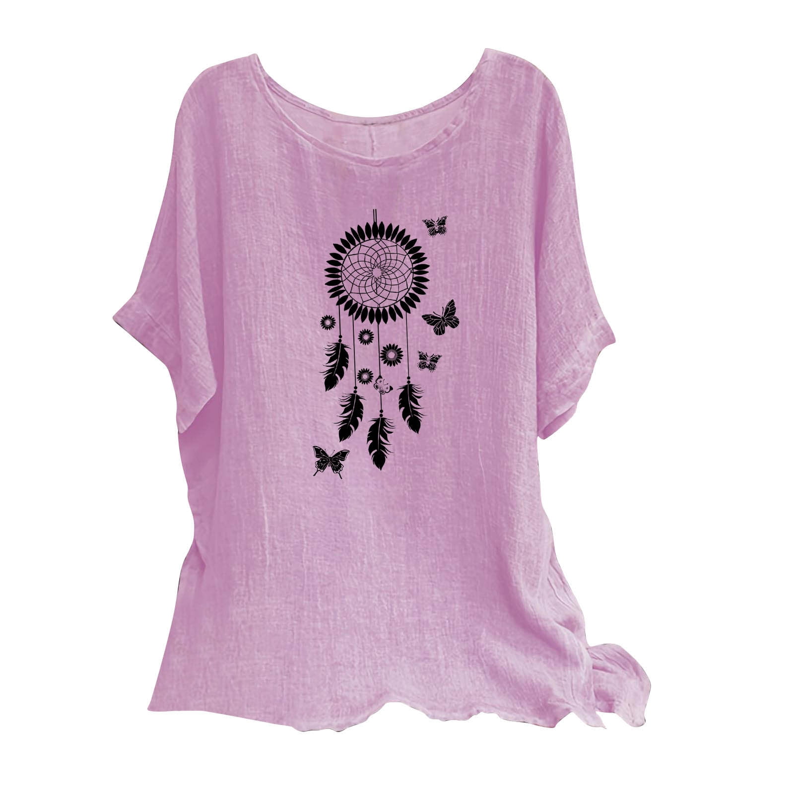 AHTJRT Women's Cotton Linen Short Sleeve Crew Neck Blouse Casual ...