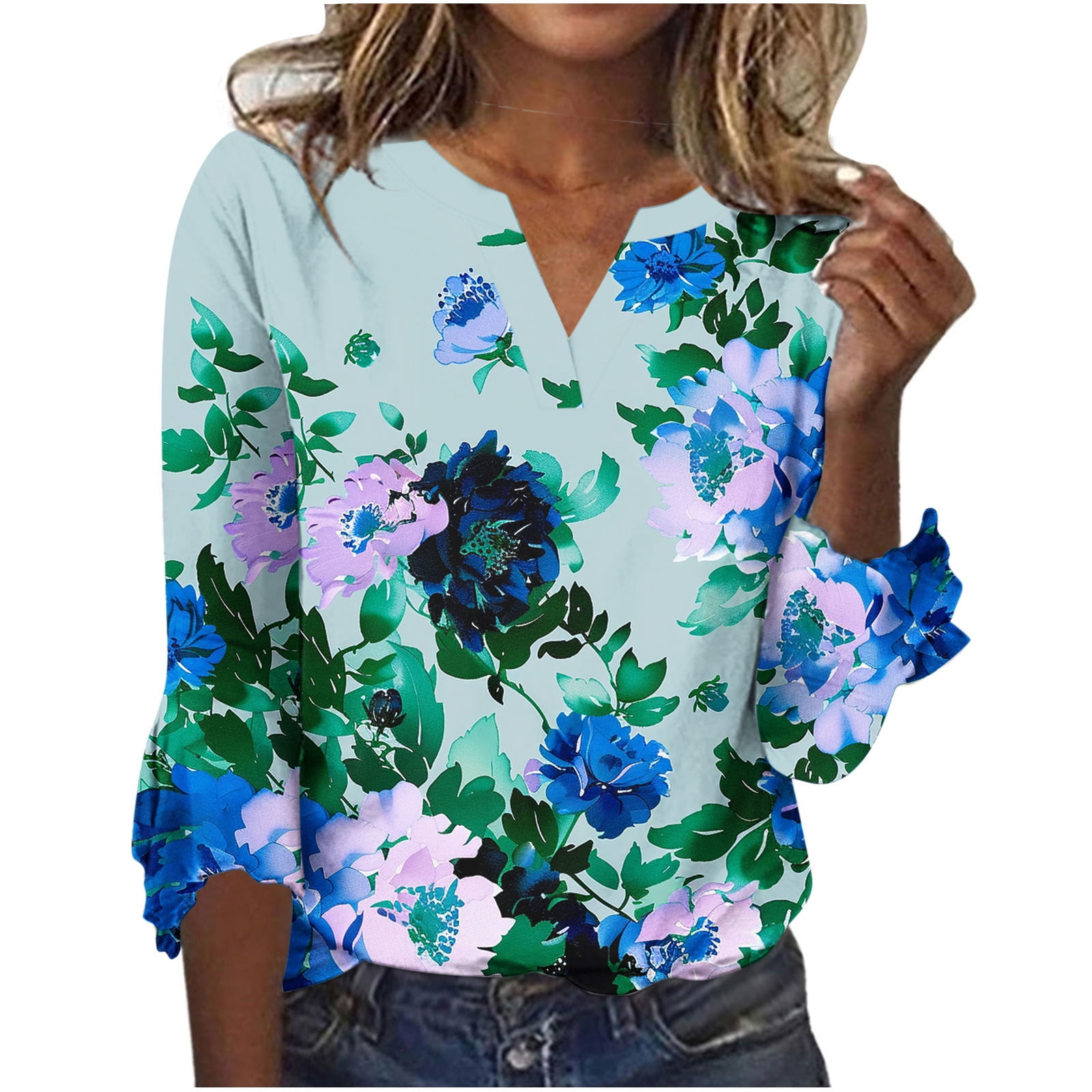 AHTJRT Women's Cotton Short Sleeve Flare 3/4 Sleeve V-Neck Floral Tunic ...