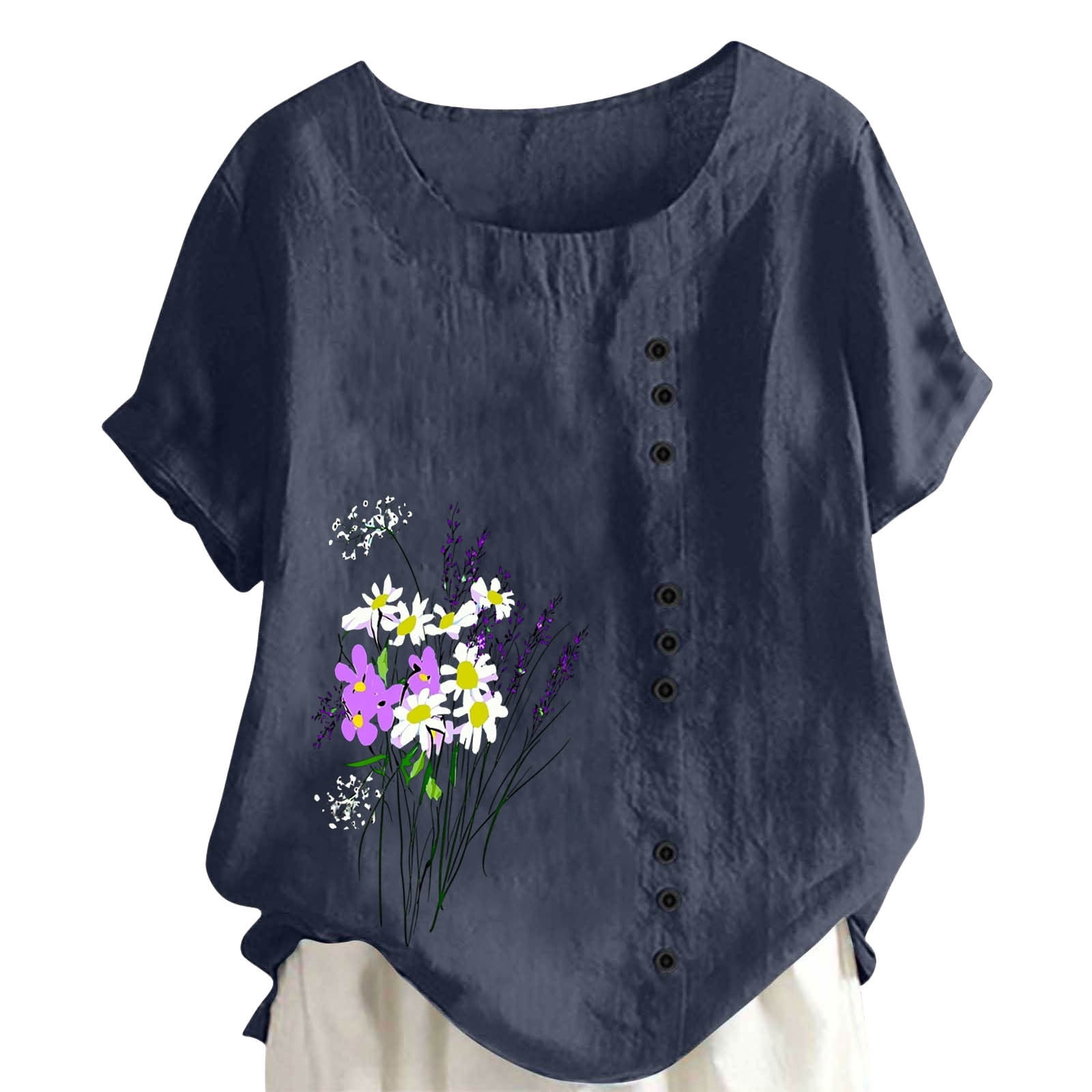 AHTJRT Women's Crew Neck Blouse Short Sleeve Butto Decor Fashion Floral ...