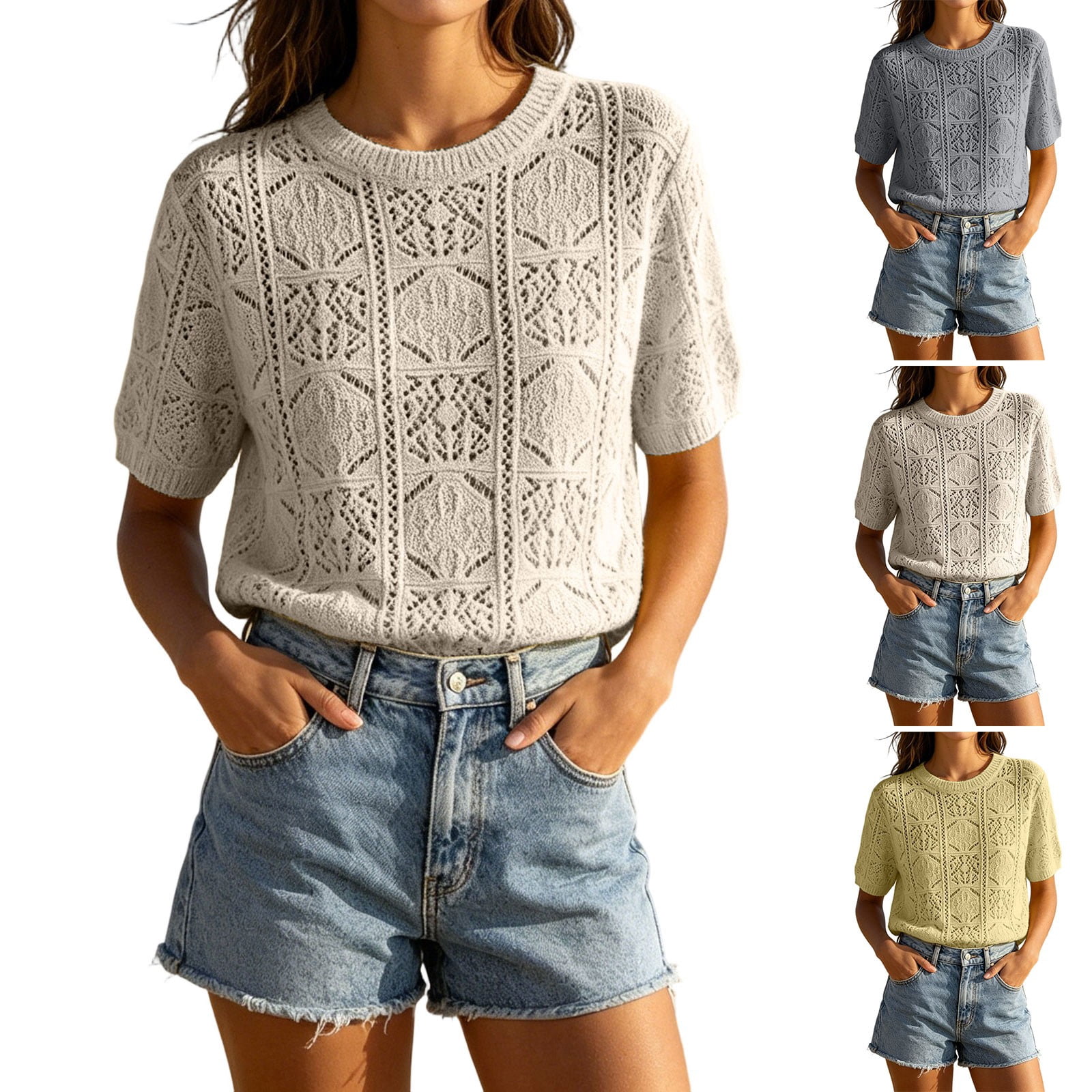 AHTJRT Women's Crochet Cover Ups Summer Short Sleeve Crew Neck Sweater ...