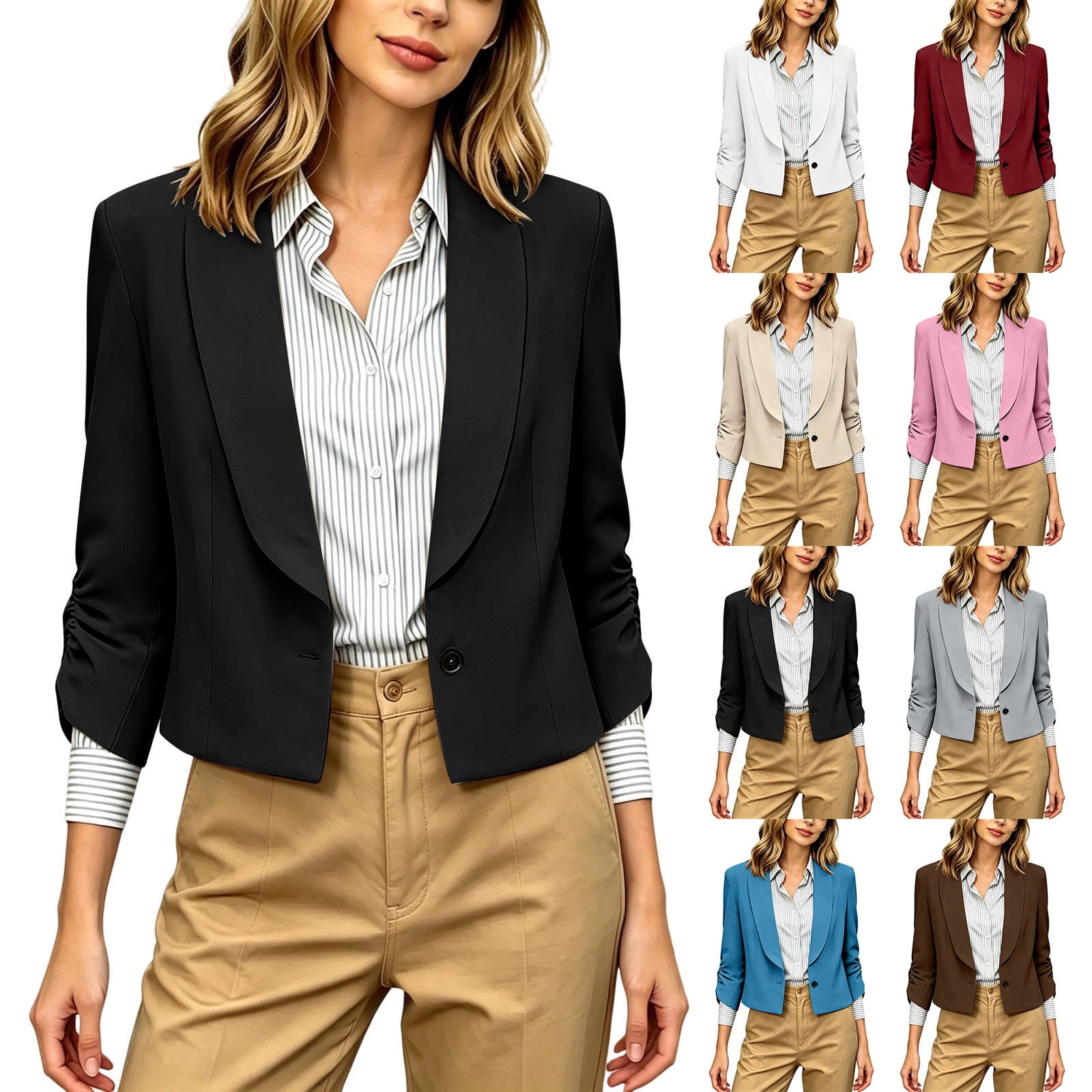 AHTJRT Women's Cropped Blazers 3/4 Sleeve Lightweight Shawl Collar Open ...