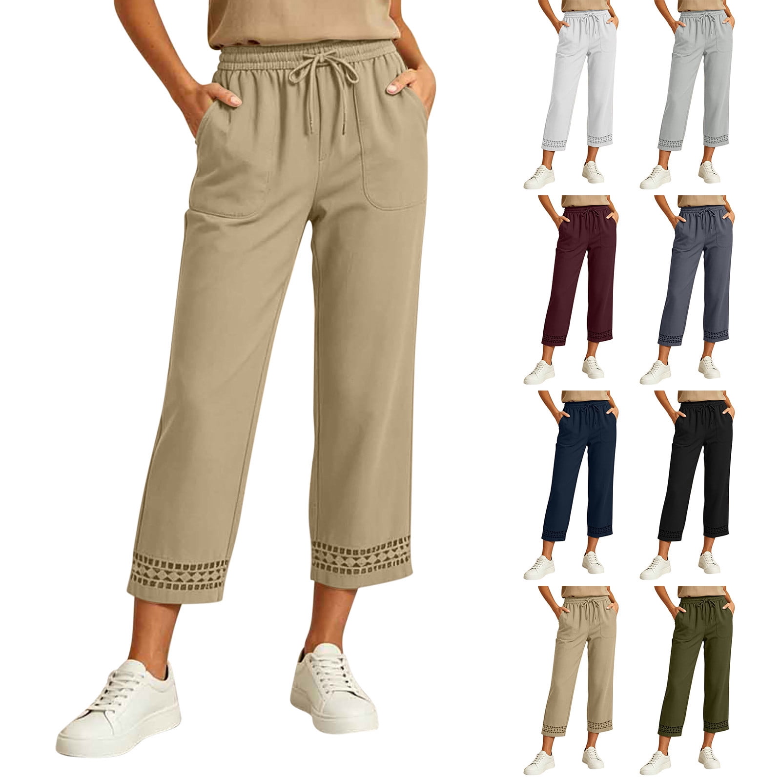 AHTJRT Women's Cropped Pants Elastic Drawstrings Waist Wide Leg ...