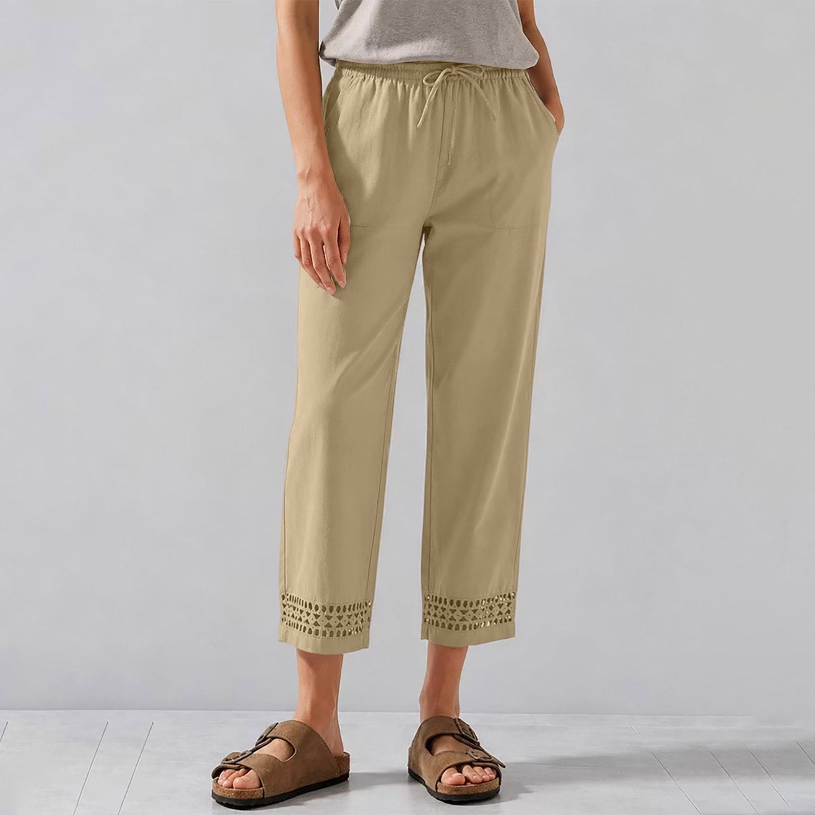 AHTJRT Women's Cropped Pants Elastic Drawstrings Waist Wide Leg ...