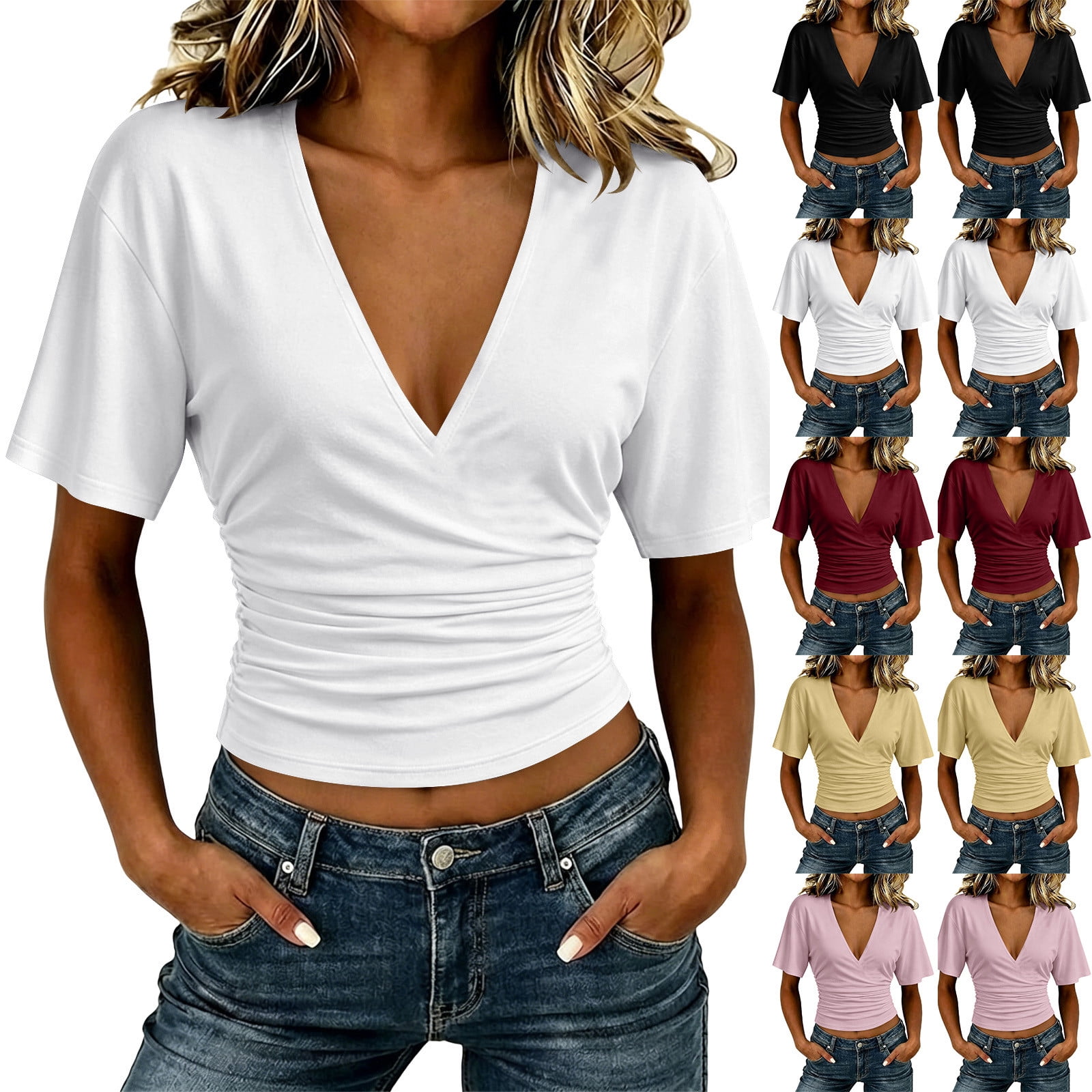 AHTJRT Women's Deep V Neck T-Shirt Slim Fit Short Sleeve Summer Casual ...
