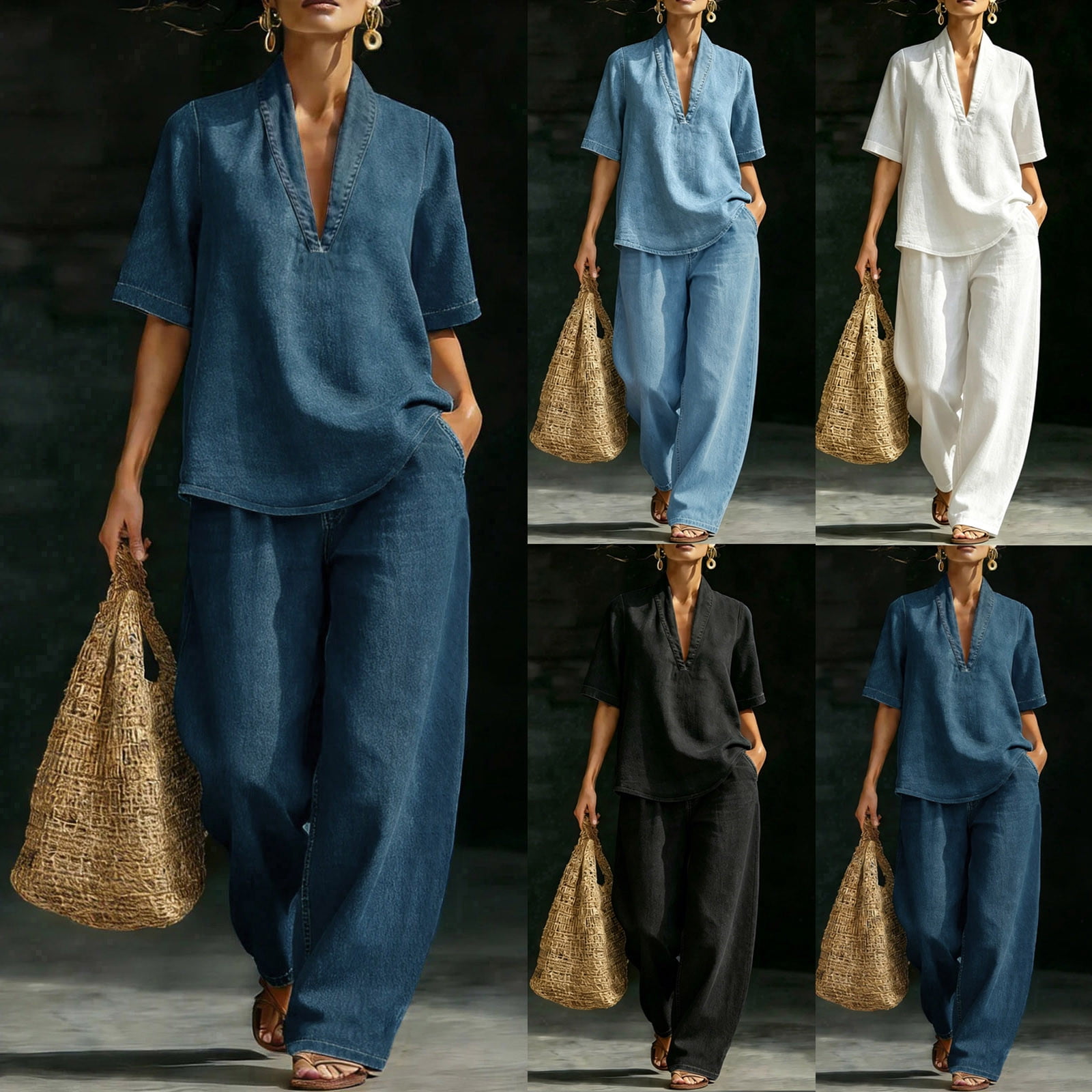 AHTJRT Women's Denim 2 Piece Sets Deep V Neck Short Sleeve Tops Baggy ...
