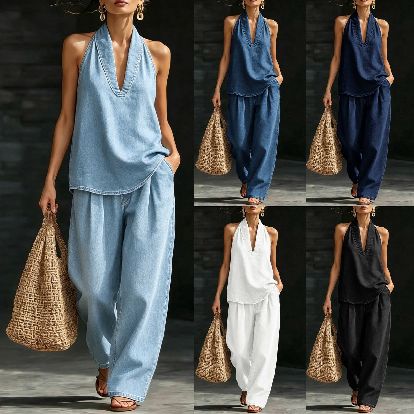 AHTJRT Women's Denim Two Piece Sets Deep V Neck Sleeveless Top with ...