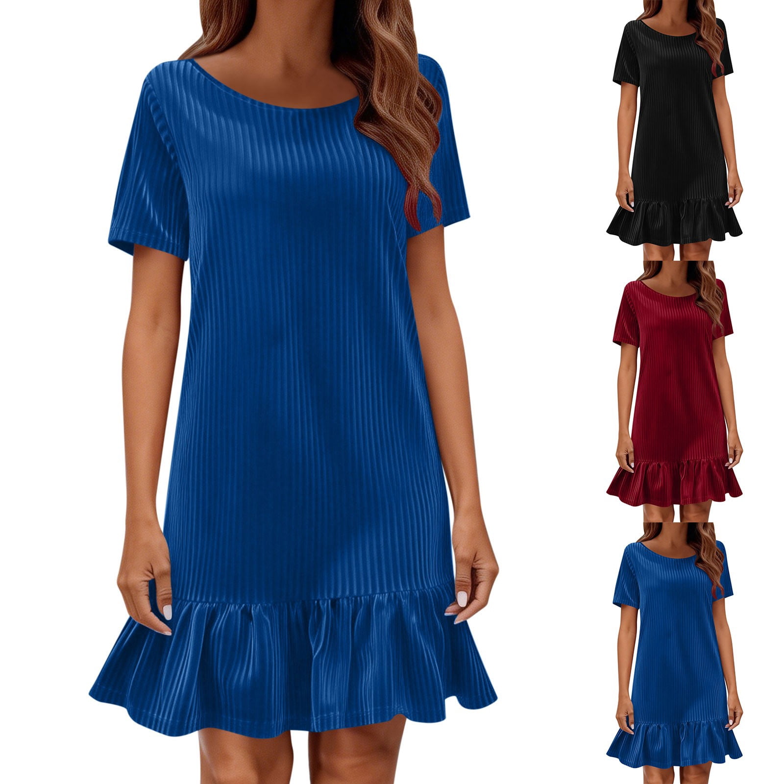 AHTJRT Women's Dress Plus Size Comfy Velour Ribbed Knit Boat Neck Short ...
