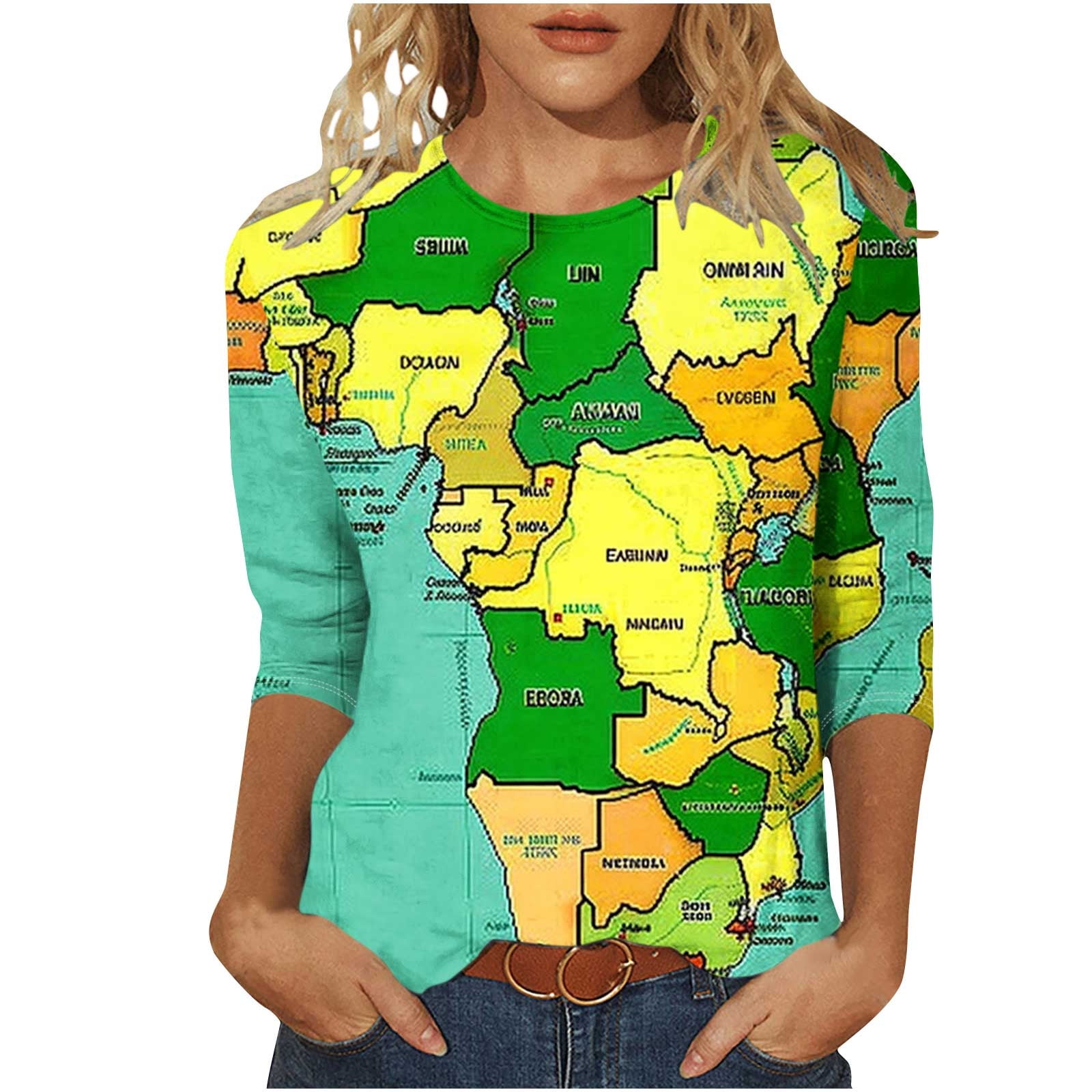 AHTJRT Women's Fashion Contemporary World Map Graphic 3/4 Sleeve ...