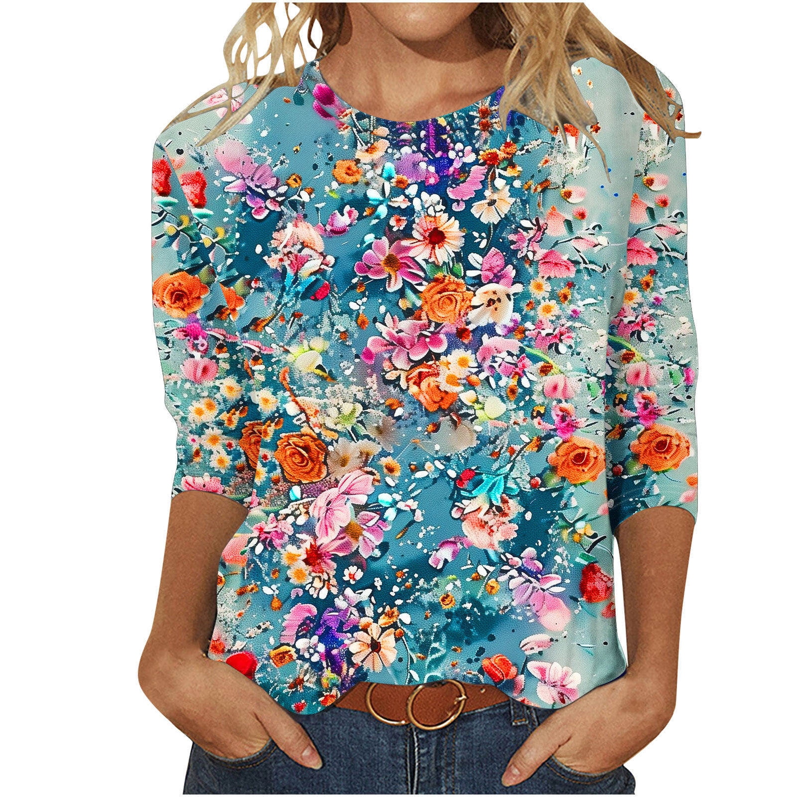 AHTJRT Women's Floral Crewneck Classic Comfortable Pullover Tops Cozy ...