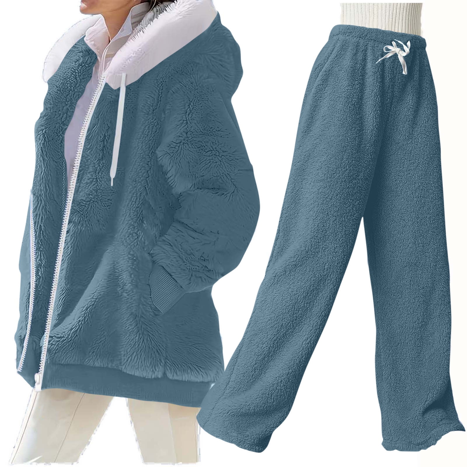 AHTJRT Women's Fuzzy Lounge Pajama Sets Winter Thermal Comfy Sherpa ...