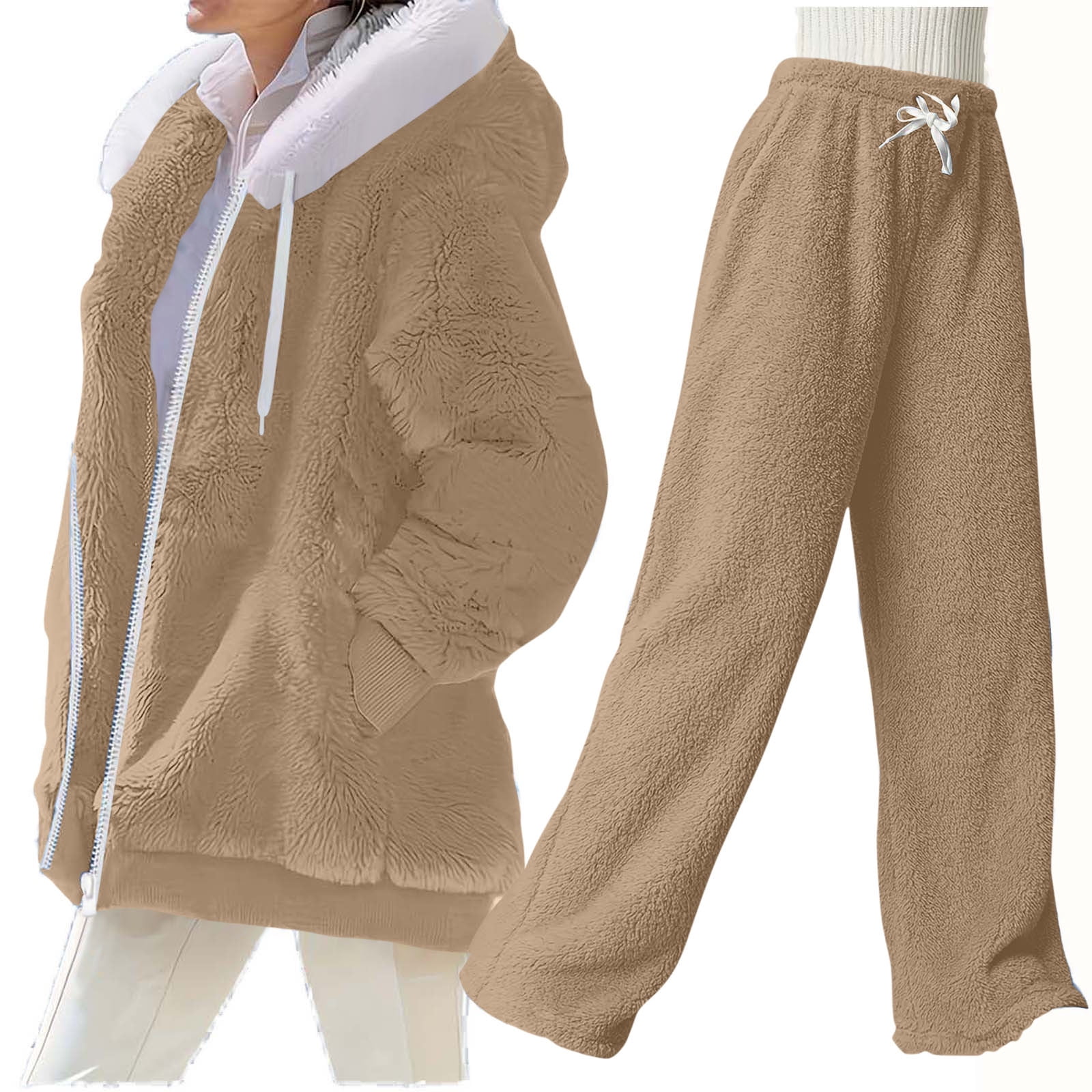 AHTJRT Women's Fuzzy Lounge Pajama Sets Winter Thermal Comfy Sherpa ...