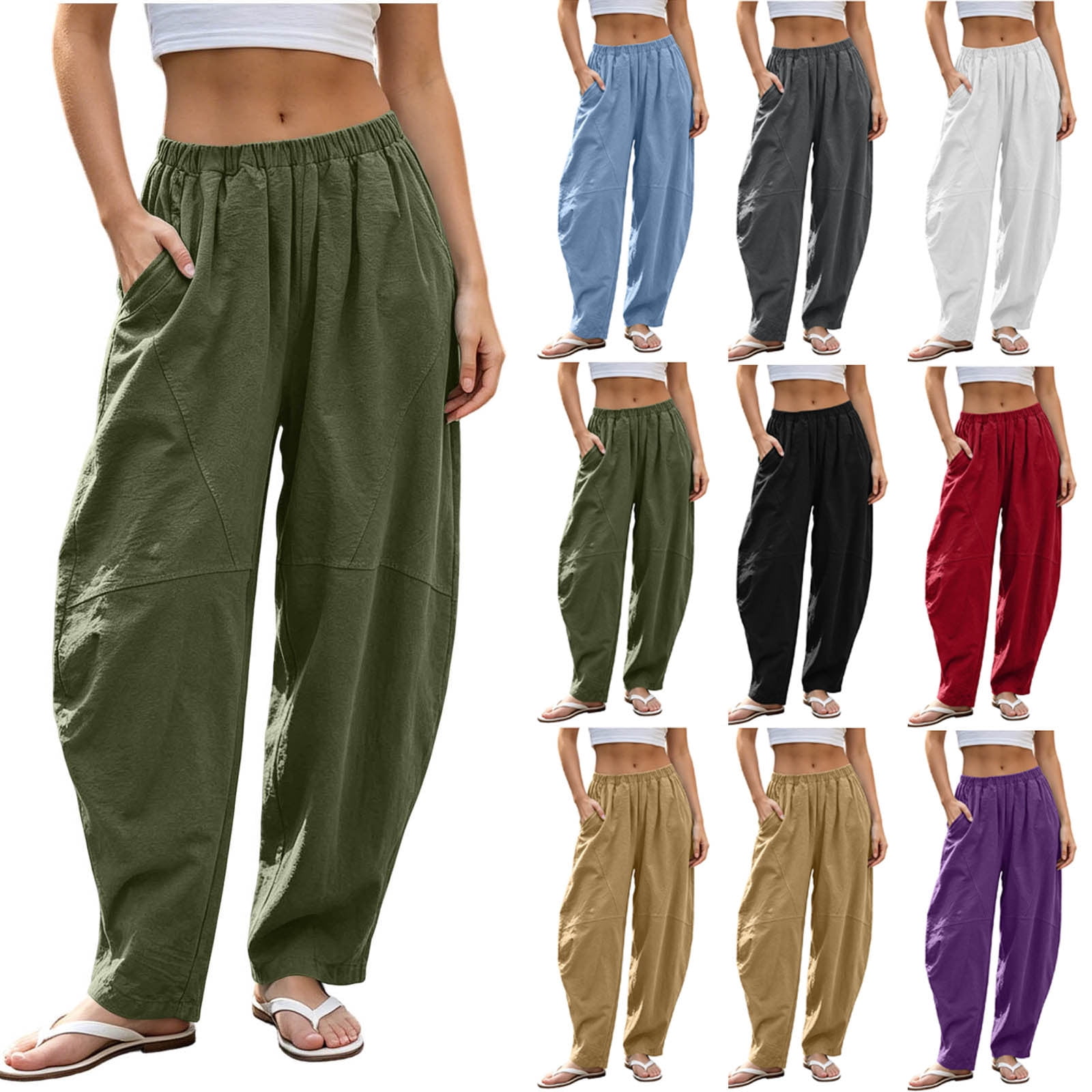 AHTJRT Women's Harem Pants Elastic Waist Loose Cotton Breathable Summer ...
