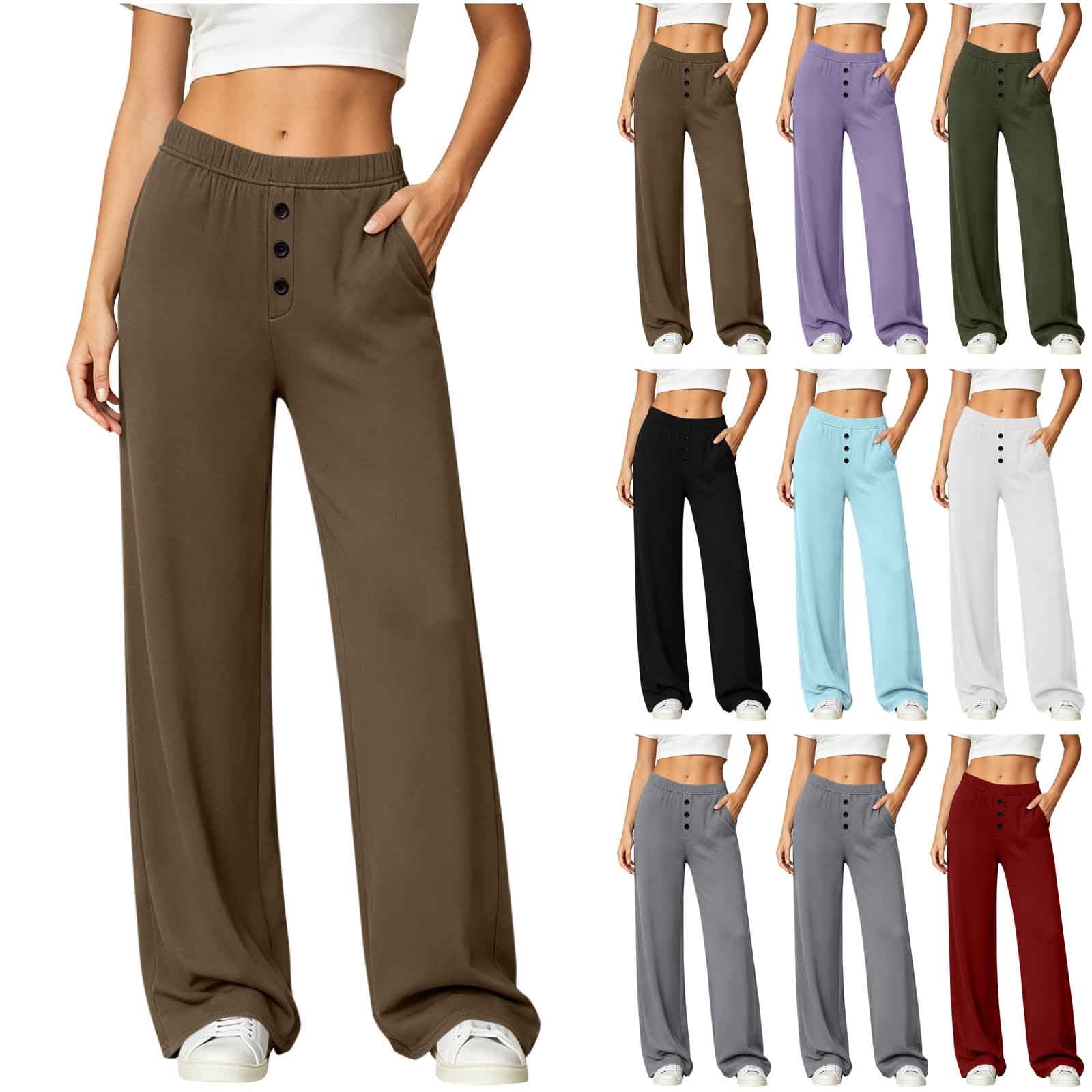 AHTJRT Women's High Waist Button Stretchy Work Pants Loose Baggy Wide ...