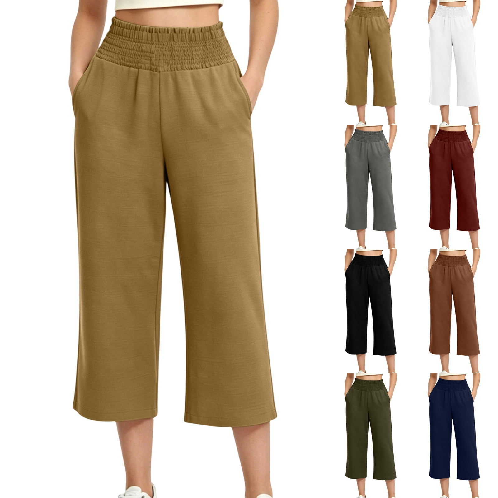 AHTJRT Women's High Waist Capri Pants Smocked Wide Leg Trousers ...