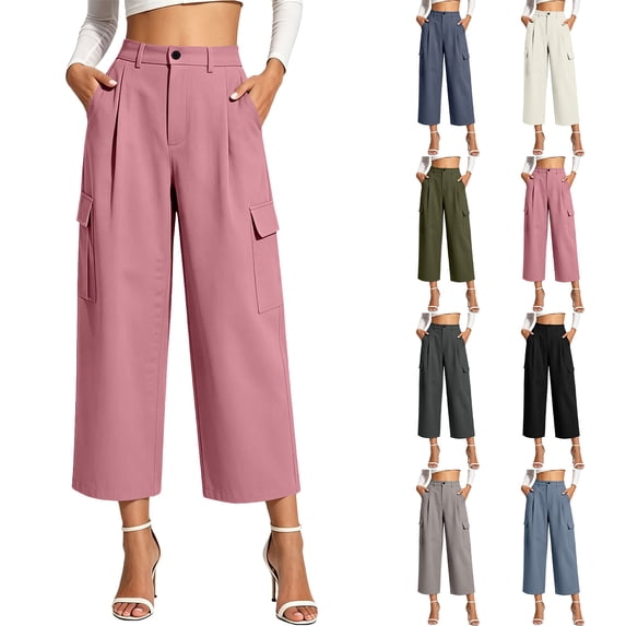 AHTJRT Women's High Waist Work Capri Pants Flat Front Wide Leg Ankle ...