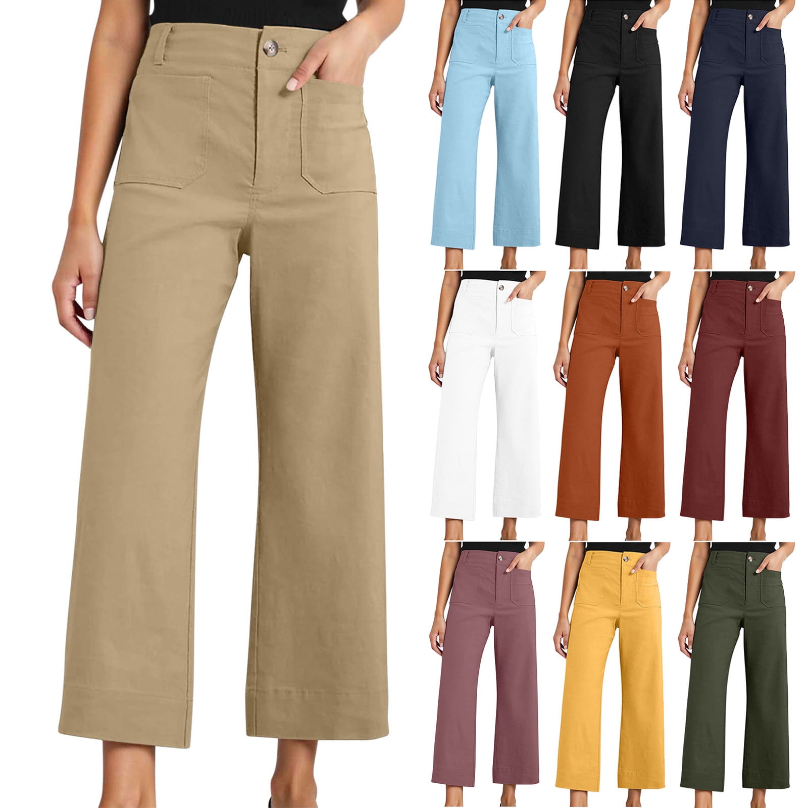 AHTJRT Women's High Waisted Wide Leg Pants Cropped Stretchy Straight ...