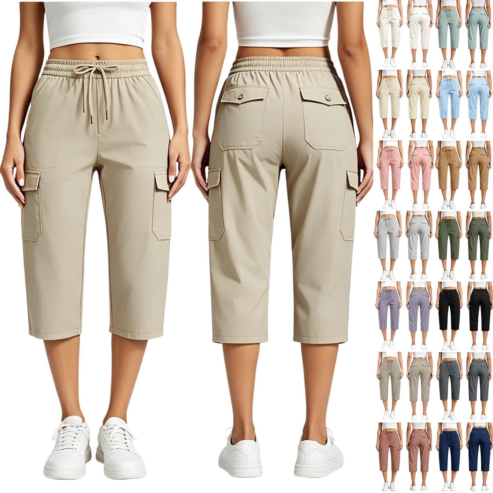 AHTJRT Women's Hiking Cargo Capri Pants Wide Leg Cropped Trousers ...