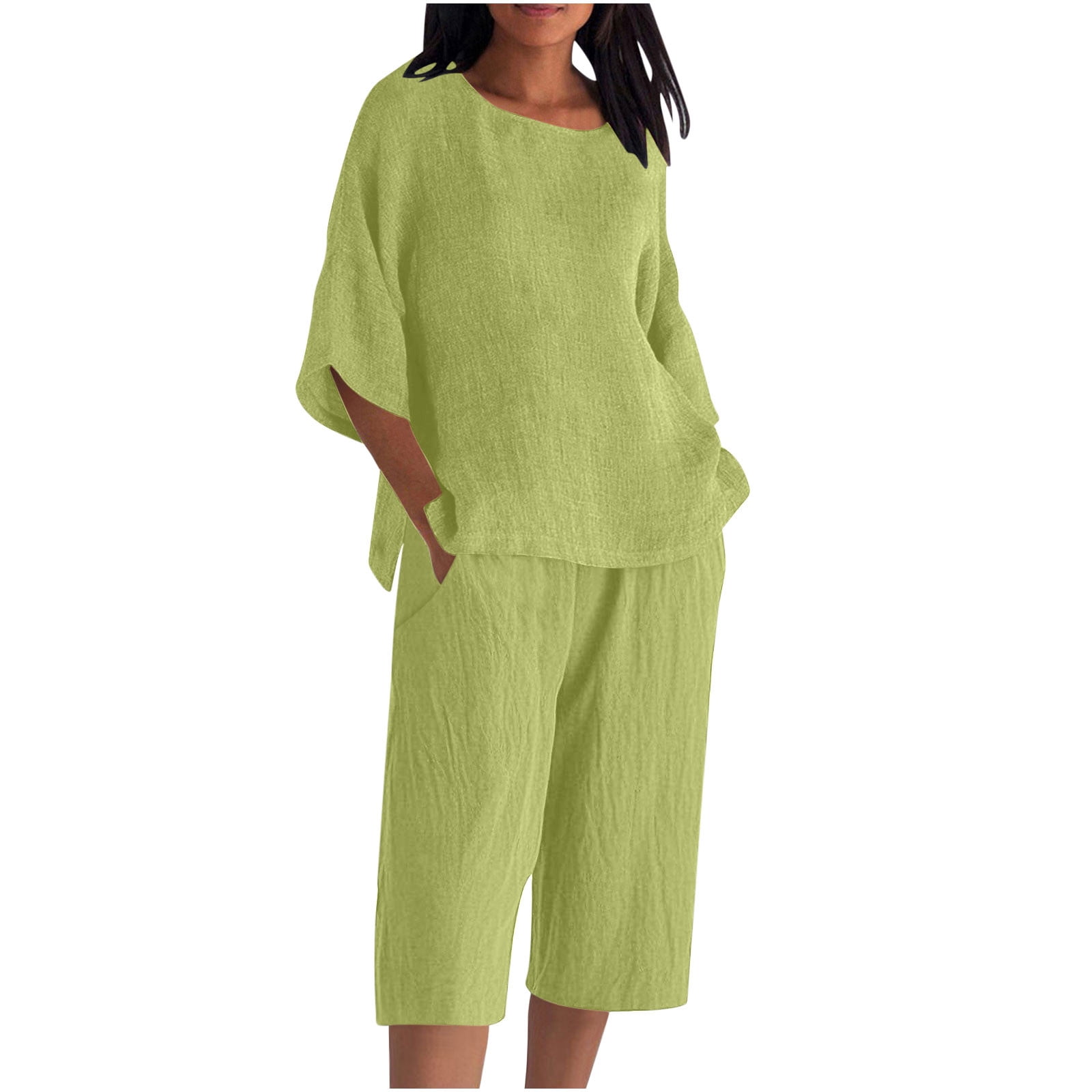 AHTJRT Women's Linen 2 Piece Outfits Baggy Half Sleeves Shirts and ...