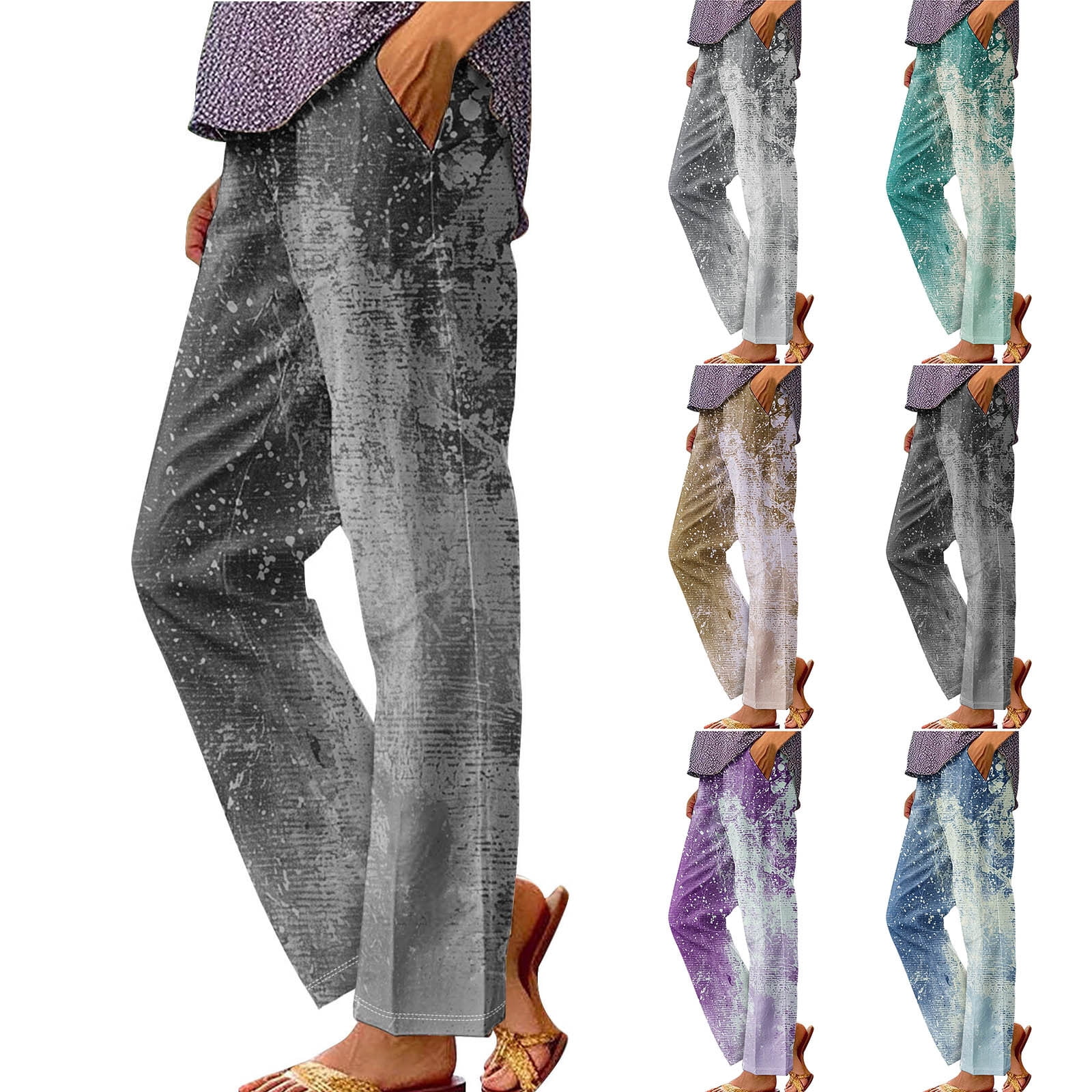 AHTJRT Women's Linen Pants High Elastic Waist Straight Wide Leg ...