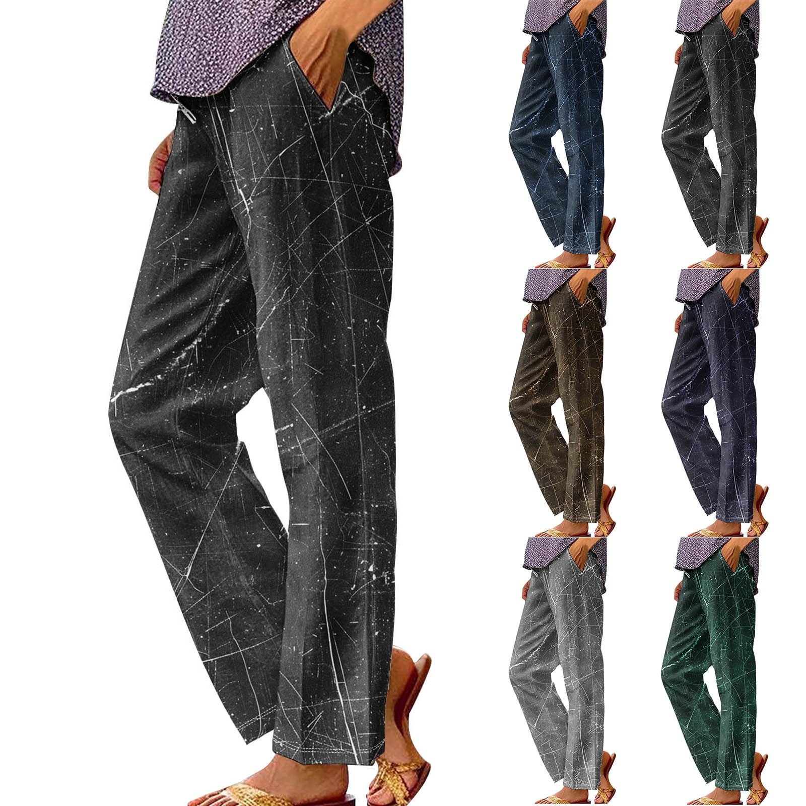 AHTJRT Women's Linen Pants High Elastic Waist Straight Wide Leg ...