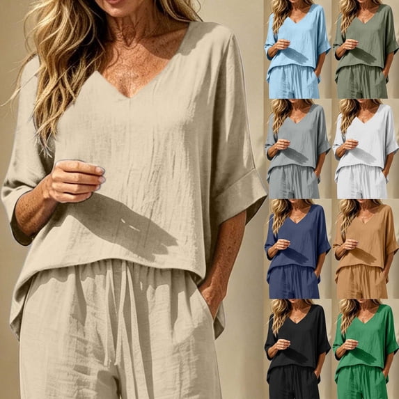 AHTJRT Women's Linen Shirts V Neck 3/4 Sleeve Side Slit Pullover Shirts ...