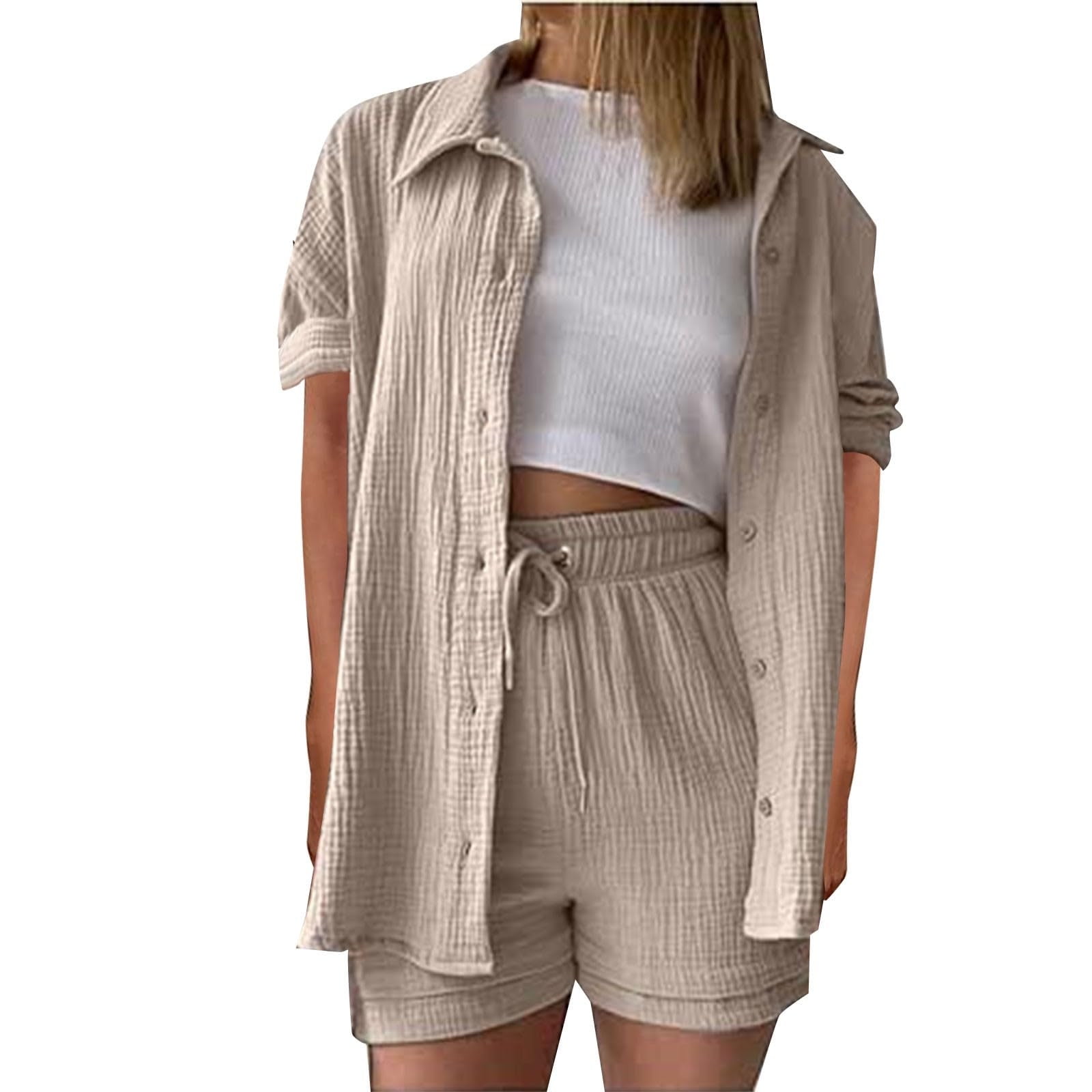 AHTJRT Women's Linen Short Sets Short Sleeve Button Down Shirt Shorts 2 ...